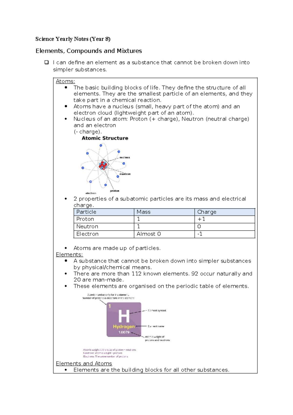 Science Year 8 Notes: Elements, Compounds & Mixtures Overview - Studocu