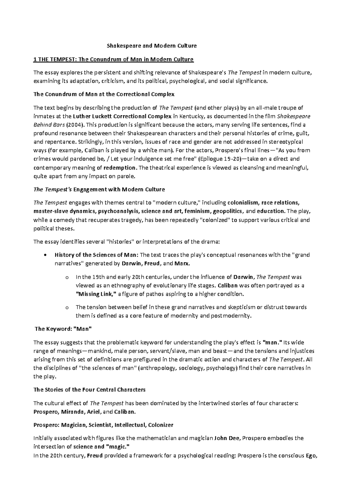 Shakespeare and Modern Culture 1: The Tempest's Relevance Today - Studocu