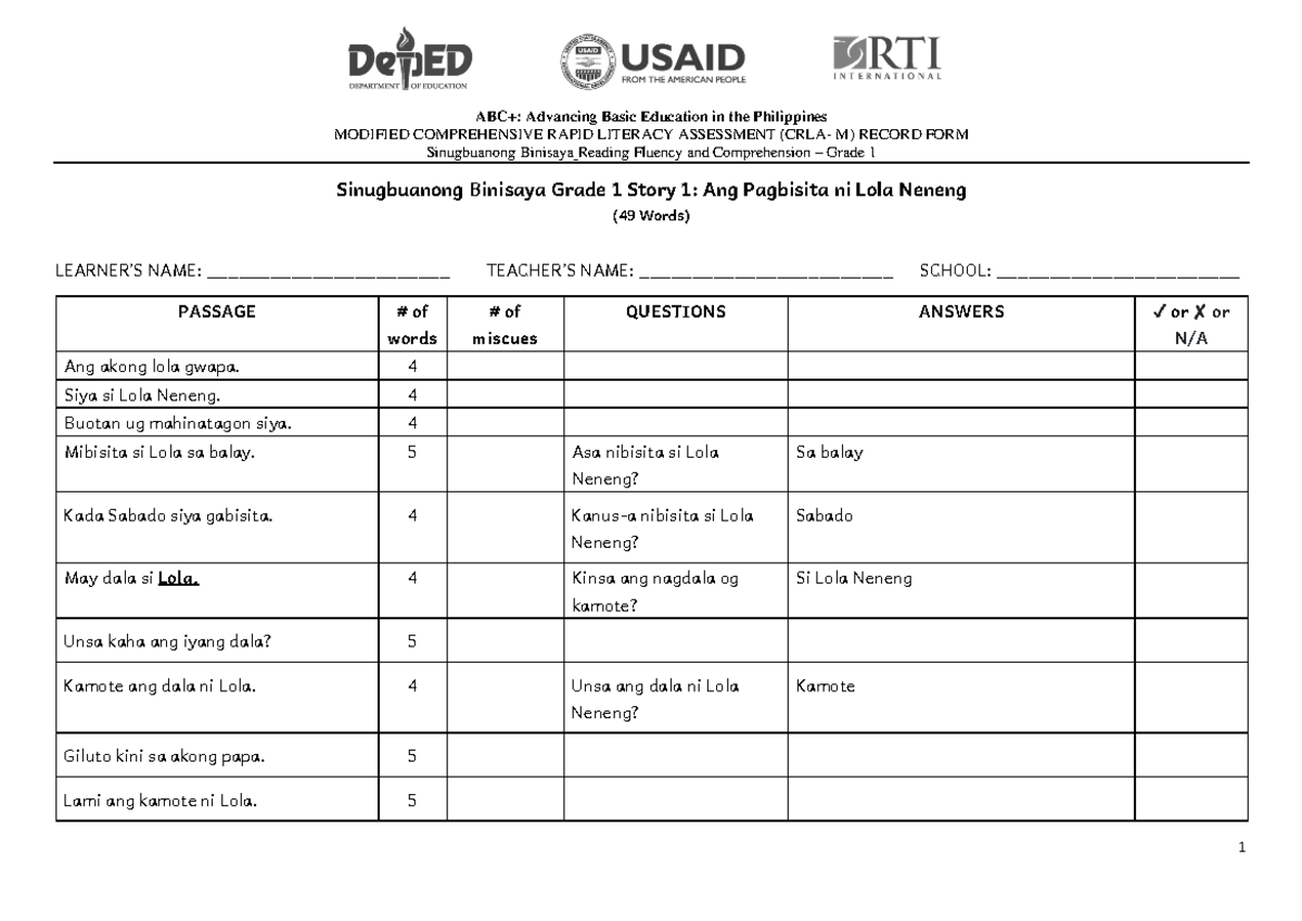 M CRLA G1 Record Form: Sinugbuanong Binisaya Reading Assessment - Studocu