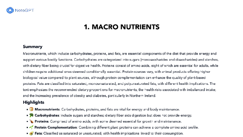MACRO NUTRIENTS Summary: Essential Dietary Components and Health ...