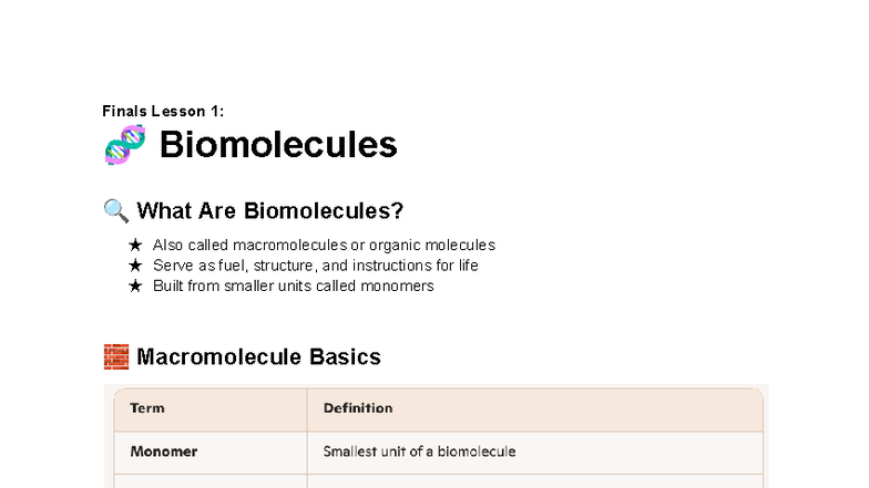 Biomolecules Finals Lesson 1: Overview of Macromolecules and Their ...