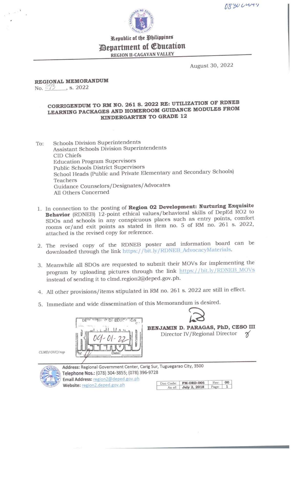 Regional Memorandum No. 051 S. 2024: Monitoring Projects RDELC & RDNEB ...