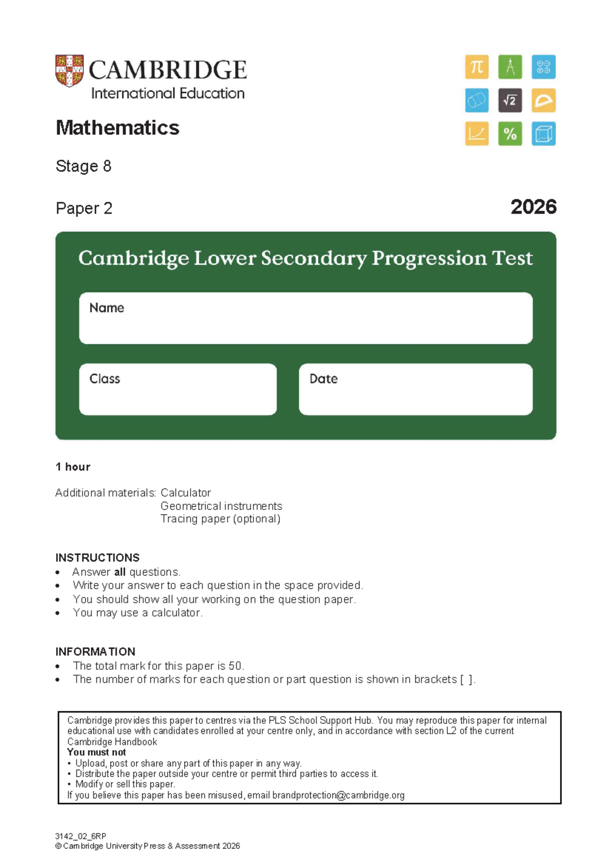 Mathematics 0862 Stage 8 Paper 2 Progression Test 2026 - Studocu