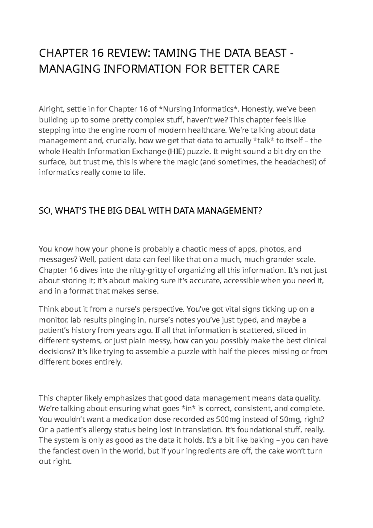 NURSING INFORMATICS CHAPTER 16 REVIEW: DATA MANAGEMENT & HIE - Studocu