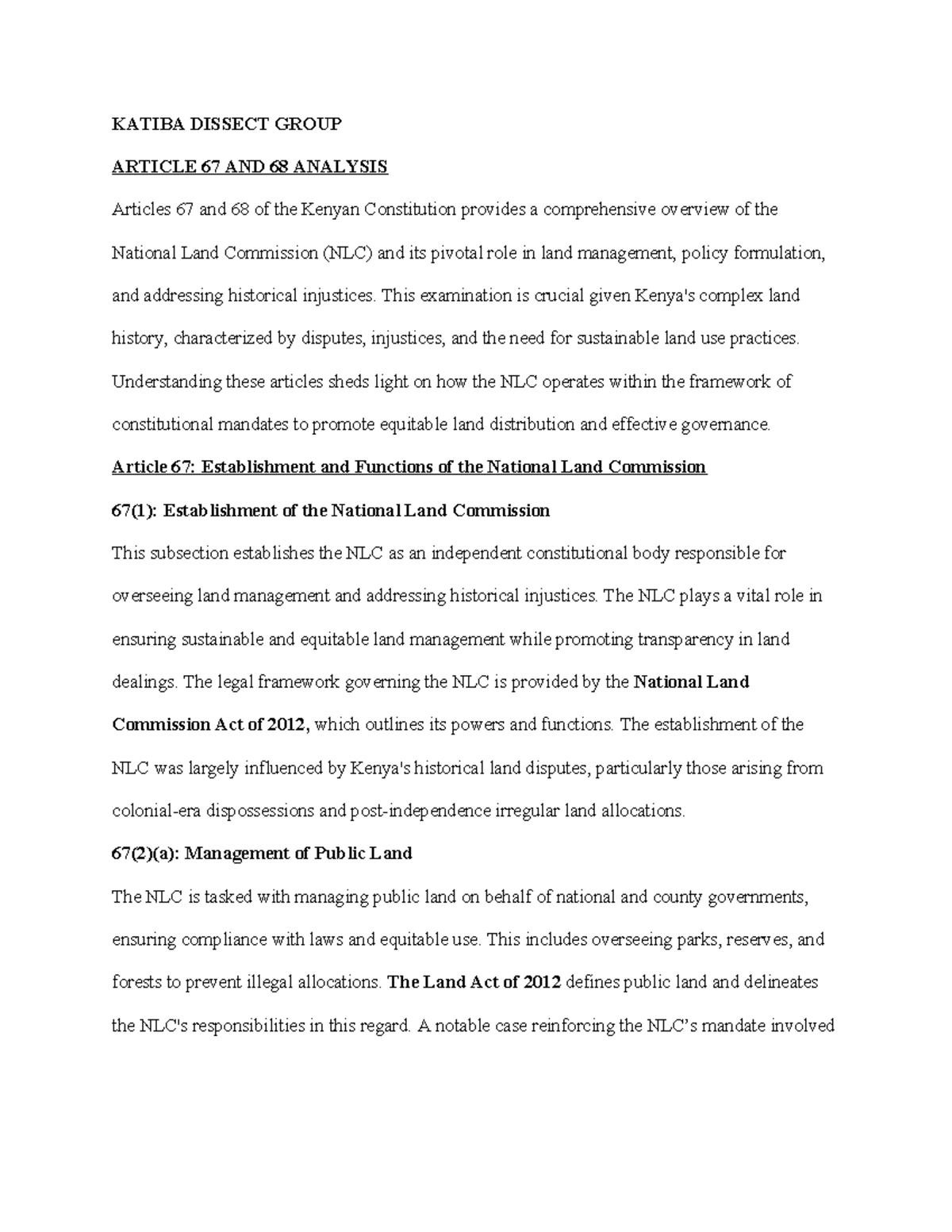 Analysis of Articles 67 & 68: National Land Commission Insights - Studocu