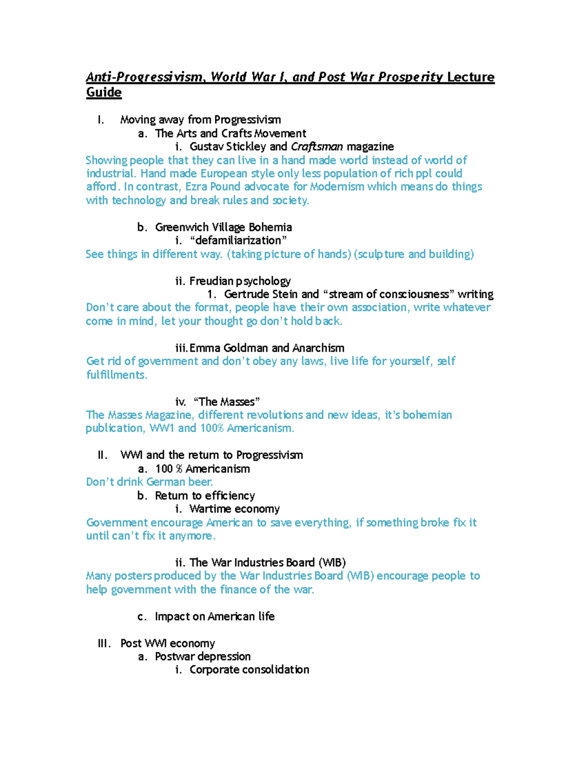 Anti-Progressivism, World War I, and Post War Prosperity NOTE - World ...