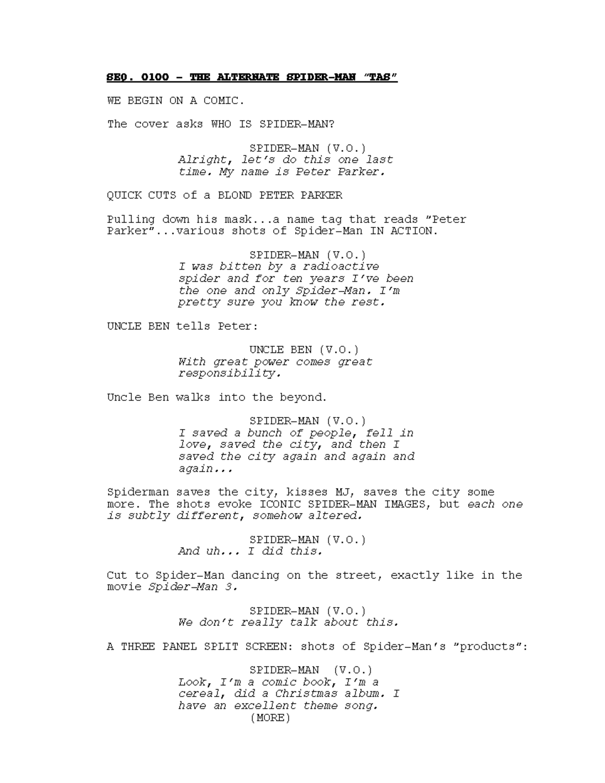 SEQ. 0100 Screenplay Analysis: The Alternate Spider-Man Story - Studocu