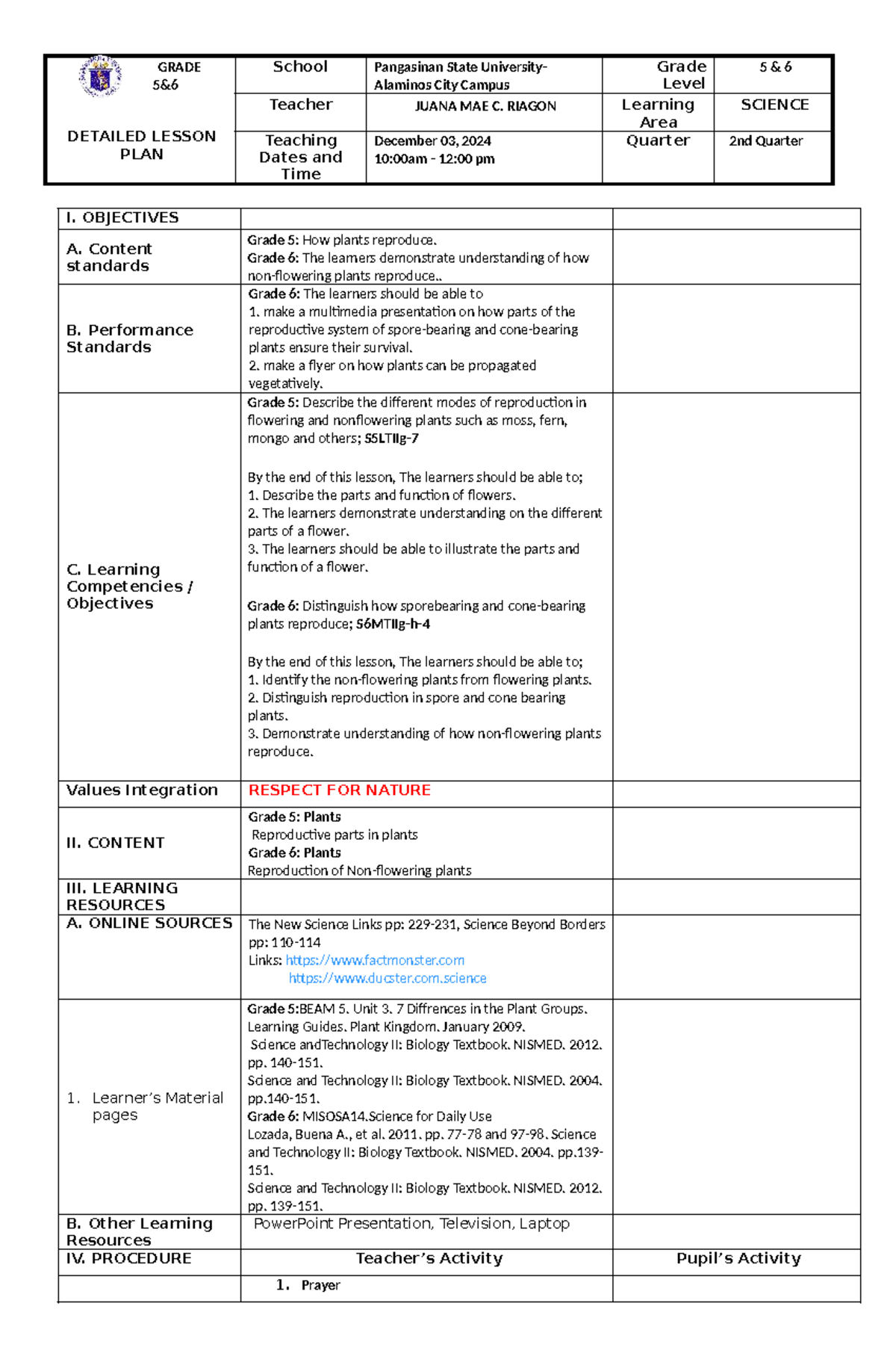 Detailed Lesson Plan in Science 5ES: Plant Reproduction & Competencies ...