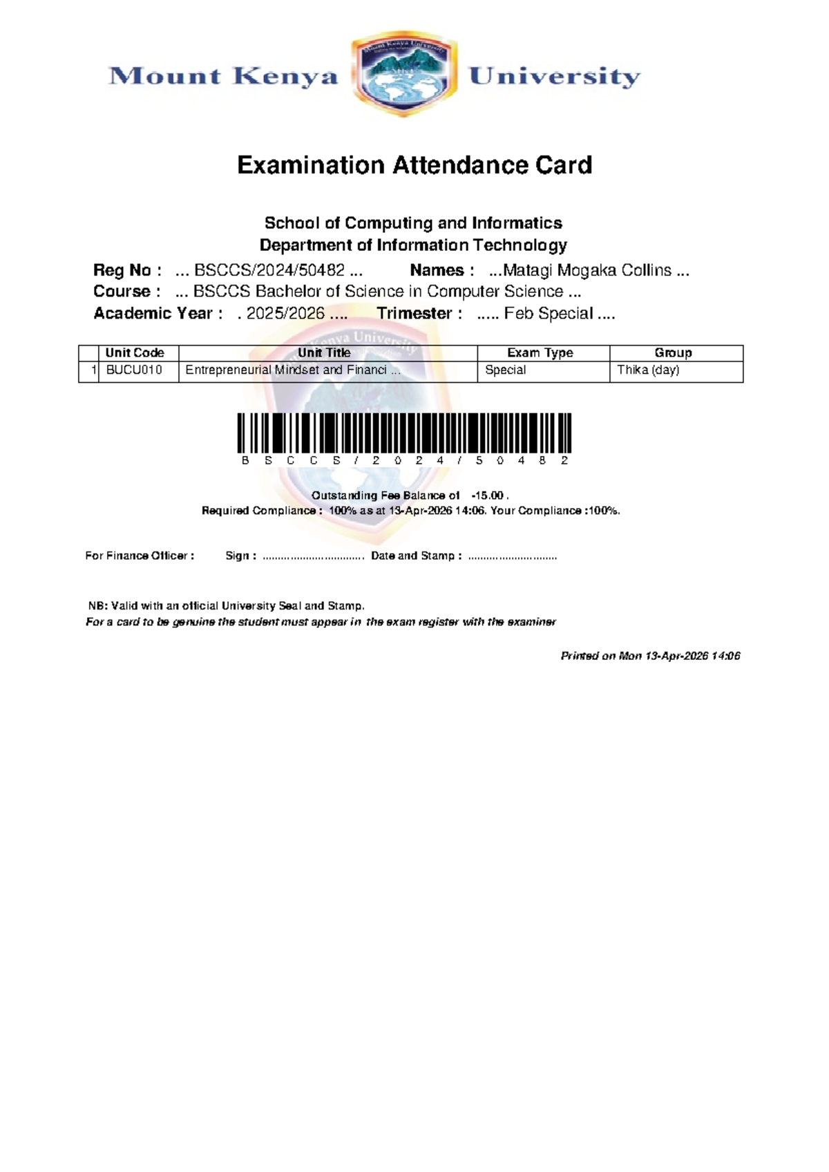 Exam Attendance Card: BSCCS 2024 Special Exam - Entrepreneurial Mindset ...