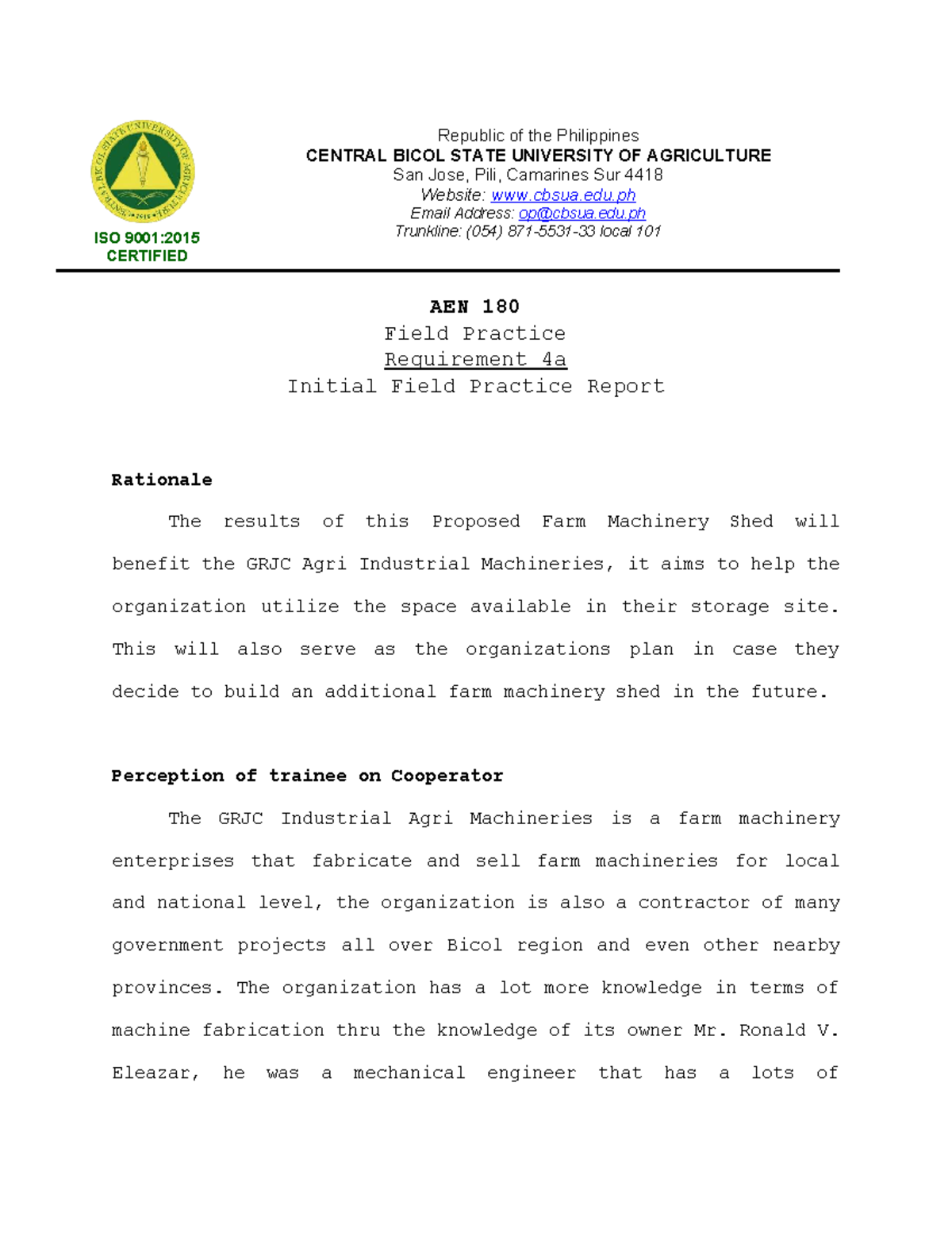 AEN 180 Initial Field Practice Report: Farm Machinery Shed Proposal ...