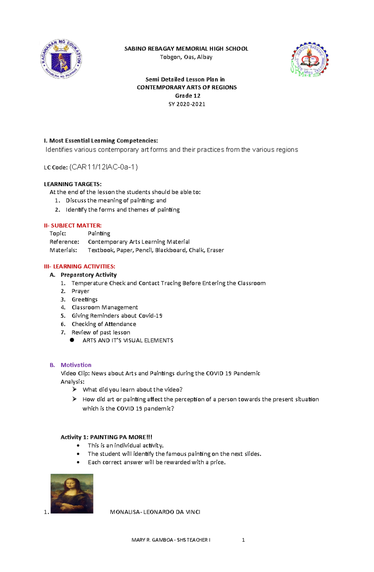 Grade 12 Contemporary Arts Lesson Plan: Painting Forms & Themes - Studocu