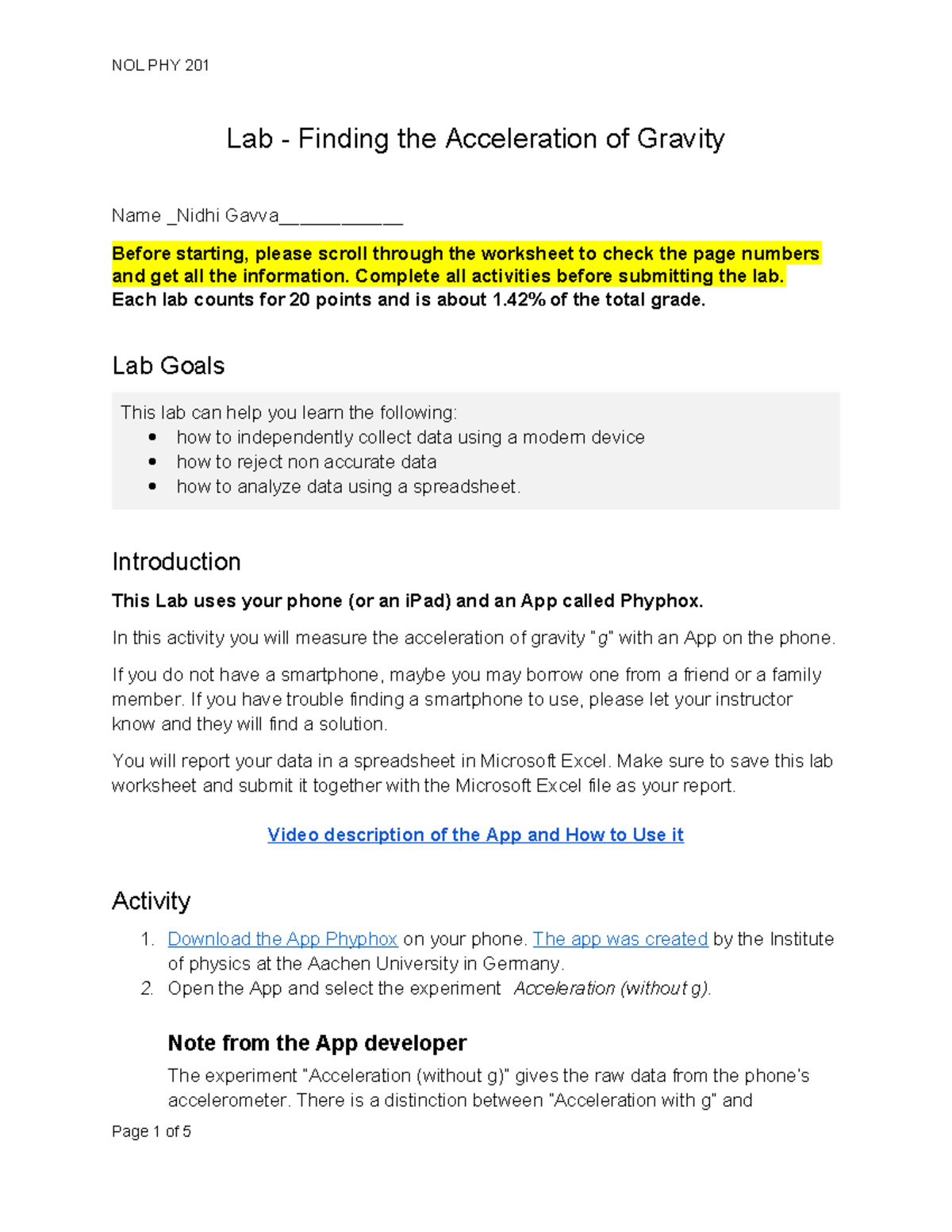 Mod01 - Lab Report: Measuring Acceleration of Gravity Using Phyphox ...