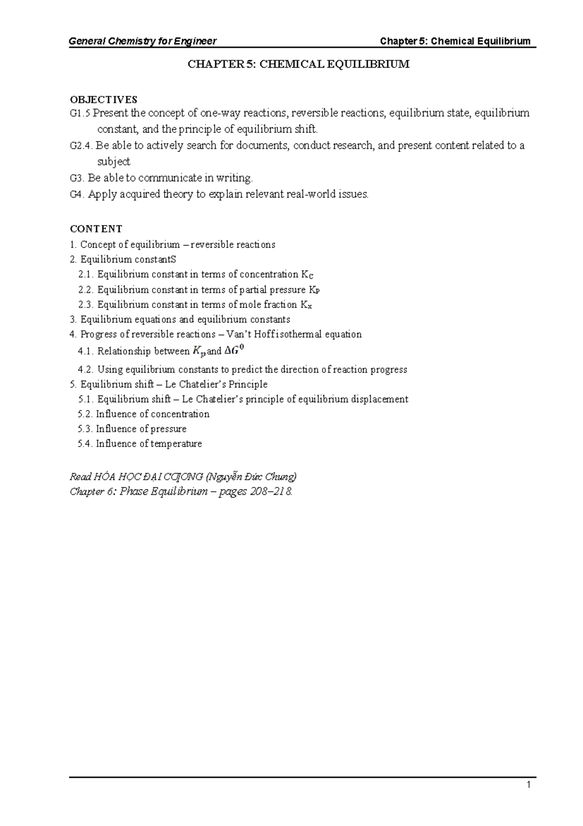 General Chemistry for Engineer: Chapter 5 - Chemical Equilibrium - Studocu