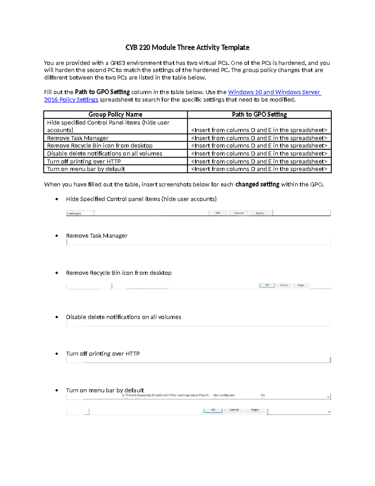 CYB 220 Module 3 Activity: GPO Settings Configuration Guide - Studocu