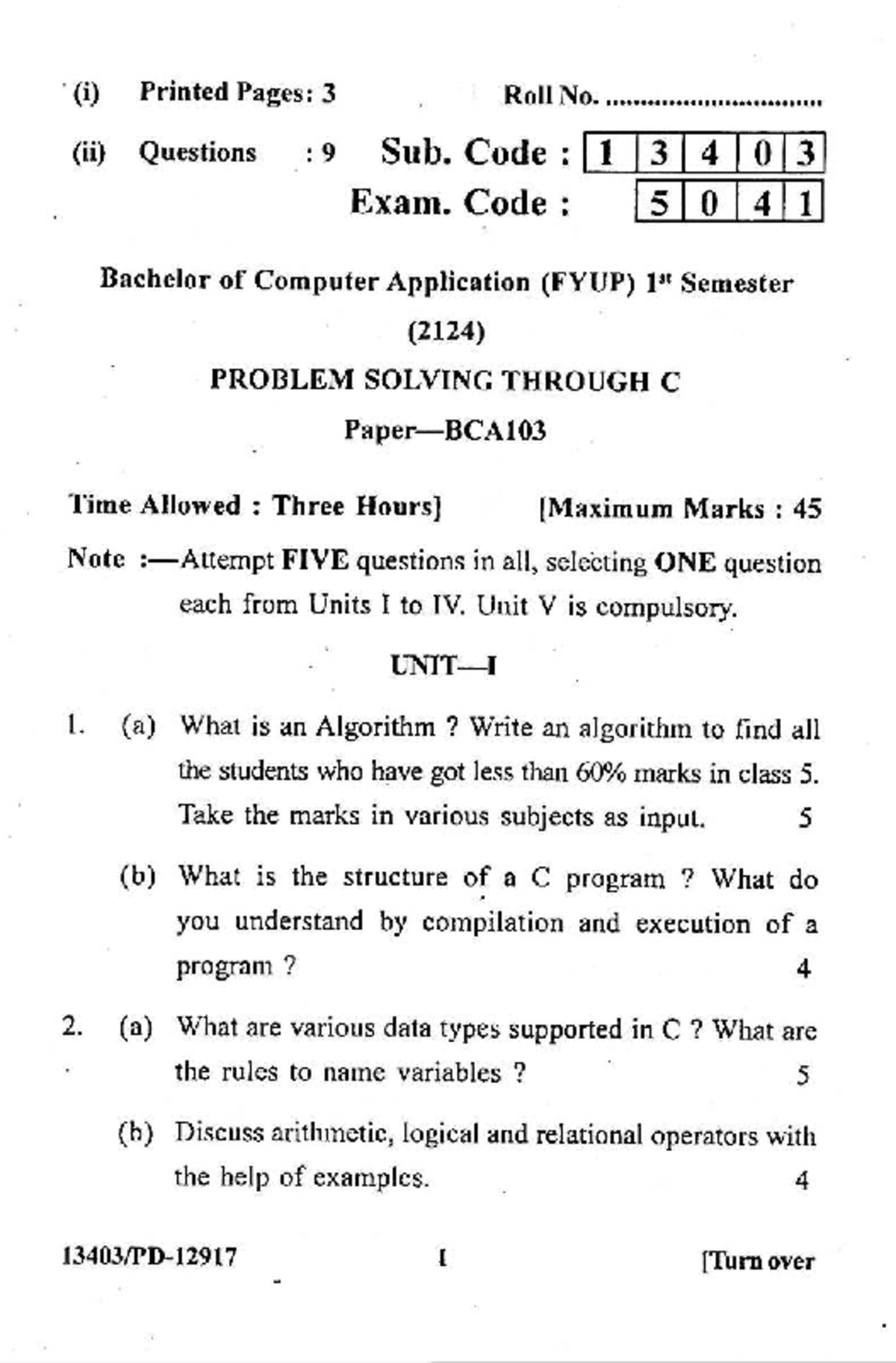 BCA 13403 Problem Solving Through C - Exam Questions December 2024 ...