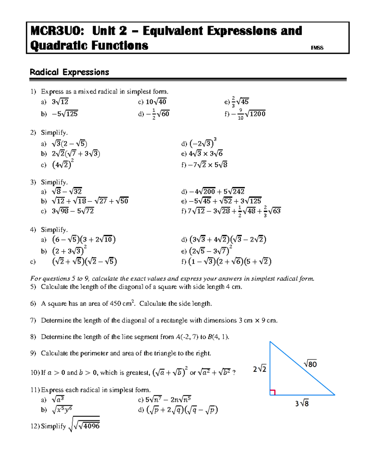 MCR3U0: Unit 2 - Equivalent Expressions & Quadratic Functions Draft ...
