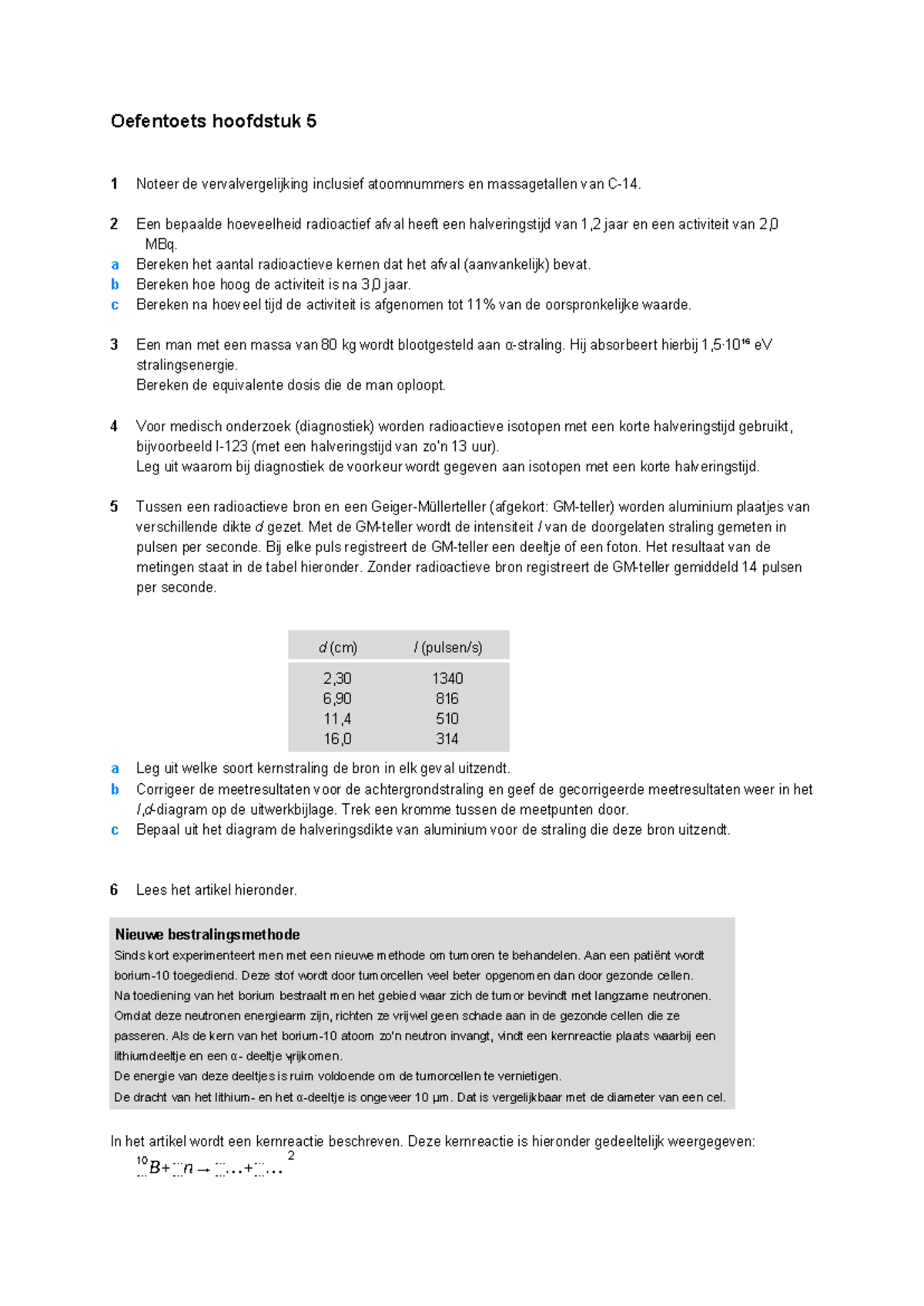 Oefentoets H5: Radioactiviteit, Kernstraling en Bestraling Methoden ...
