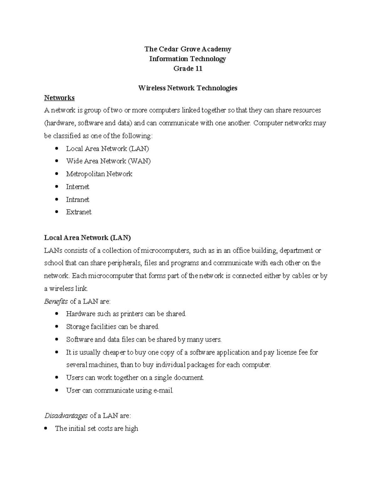 Grade 11 IT: Understanding wireless network technologies and security ...
