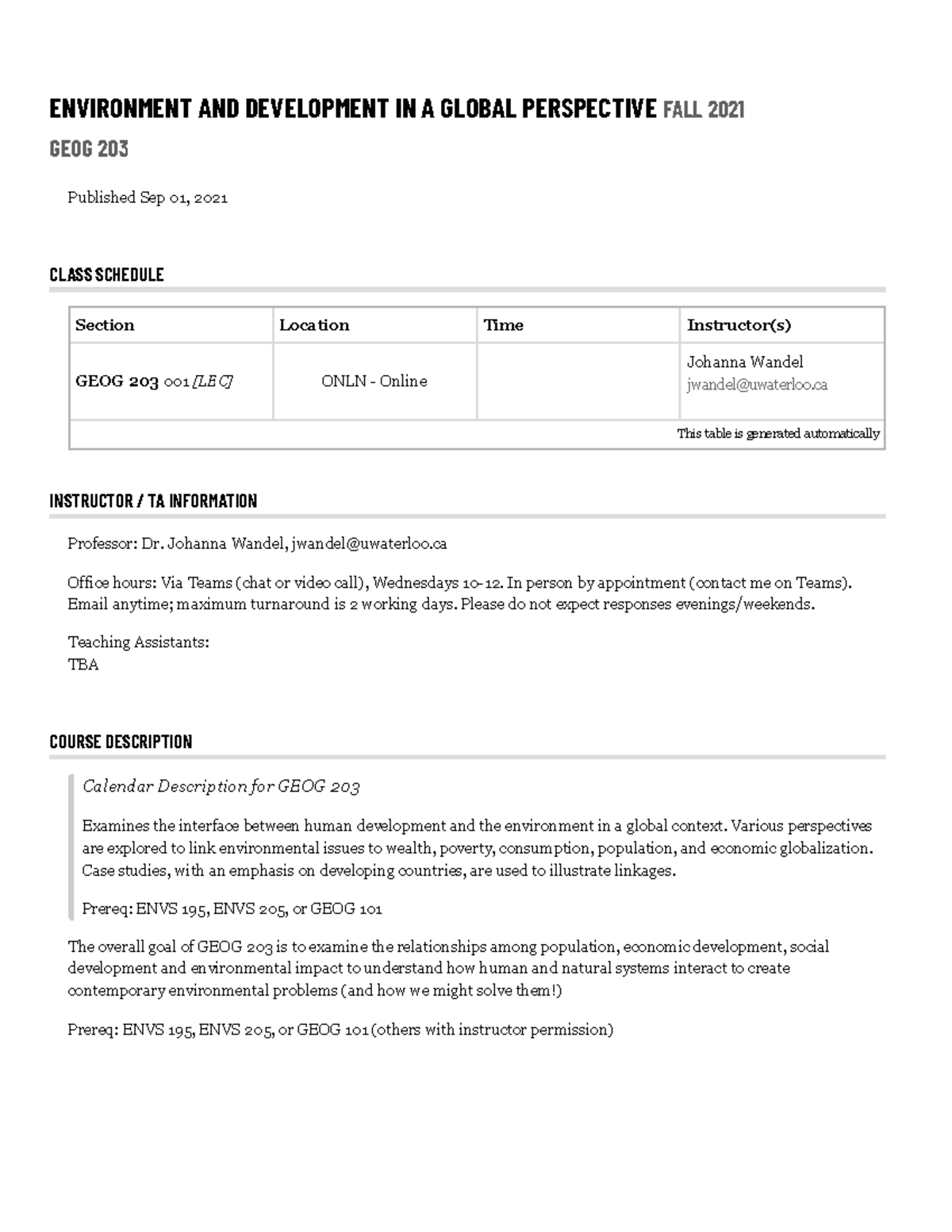 Course Overview for GEOG 203: Environment & Development Fall 2021 - Studocu