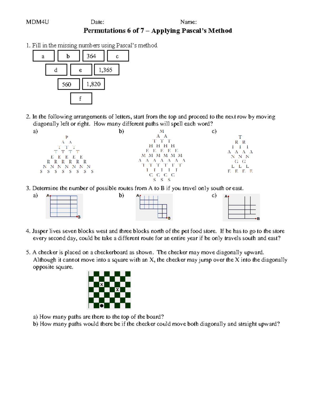 MDM4U Final Exam Handout: Applying Pascal's Method in Permutations ...