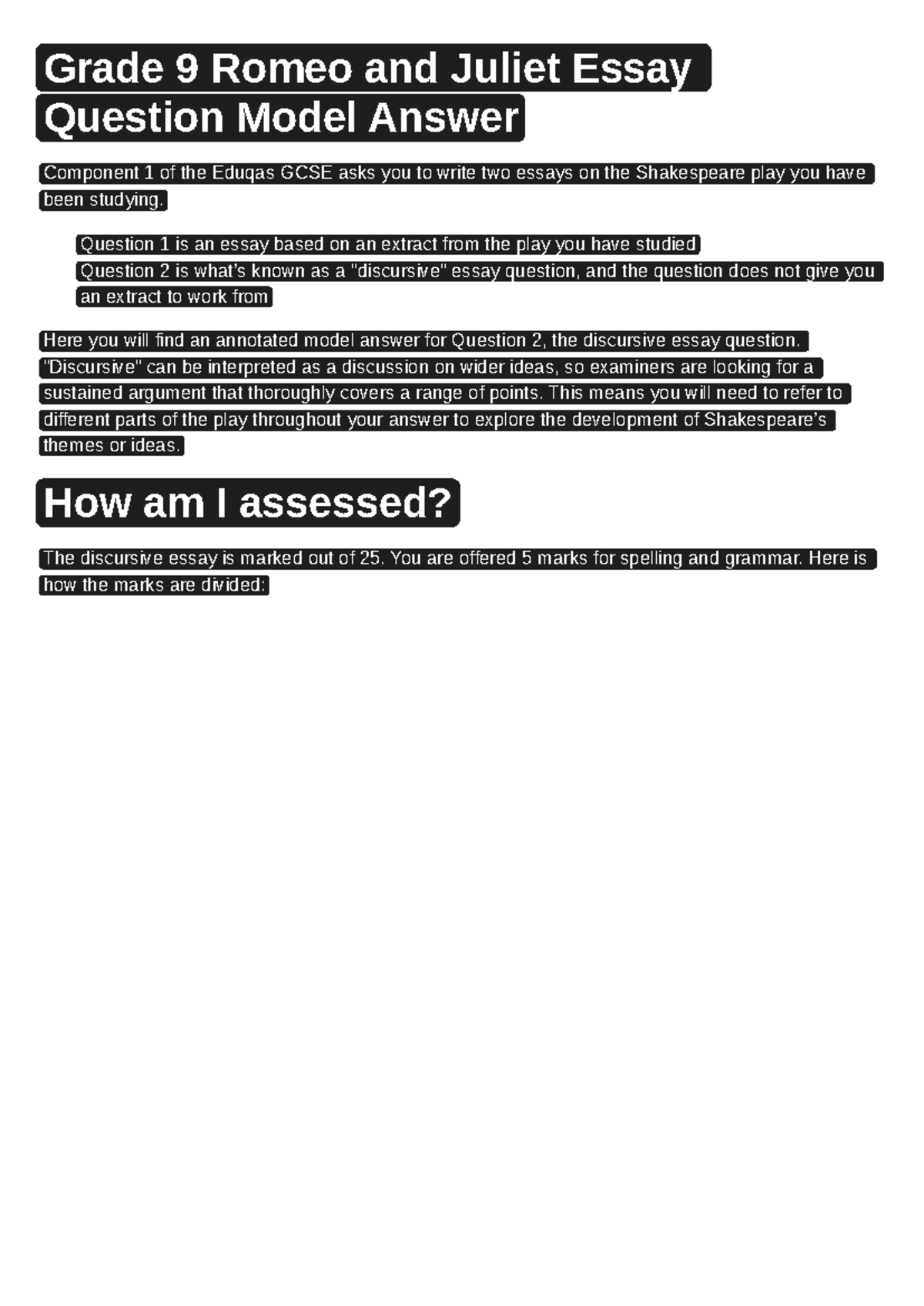 Grade 9 Eduqas GCSE Romeo and Juliet Essay Model Answer - Studocu