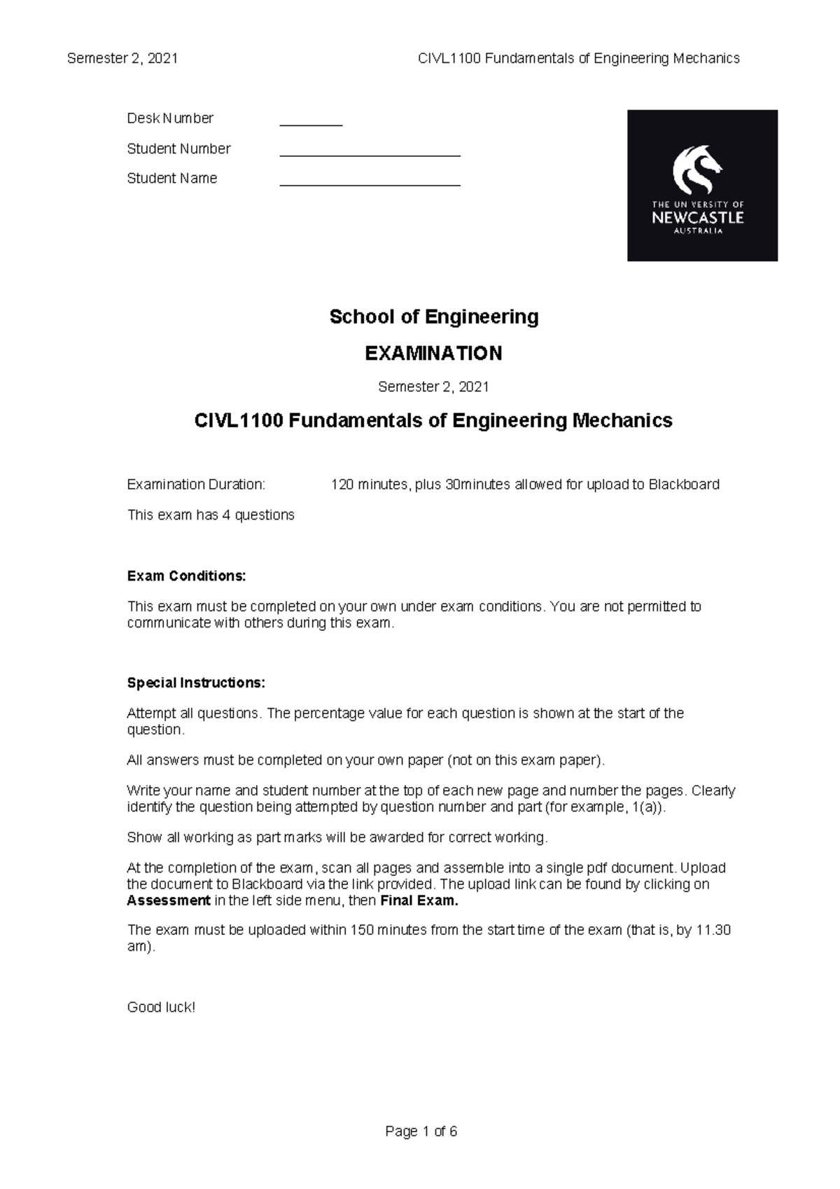 CIVL1100 Semester 2, 2021 Final Exam & Solutions on Engineering Mechanics - Studocu