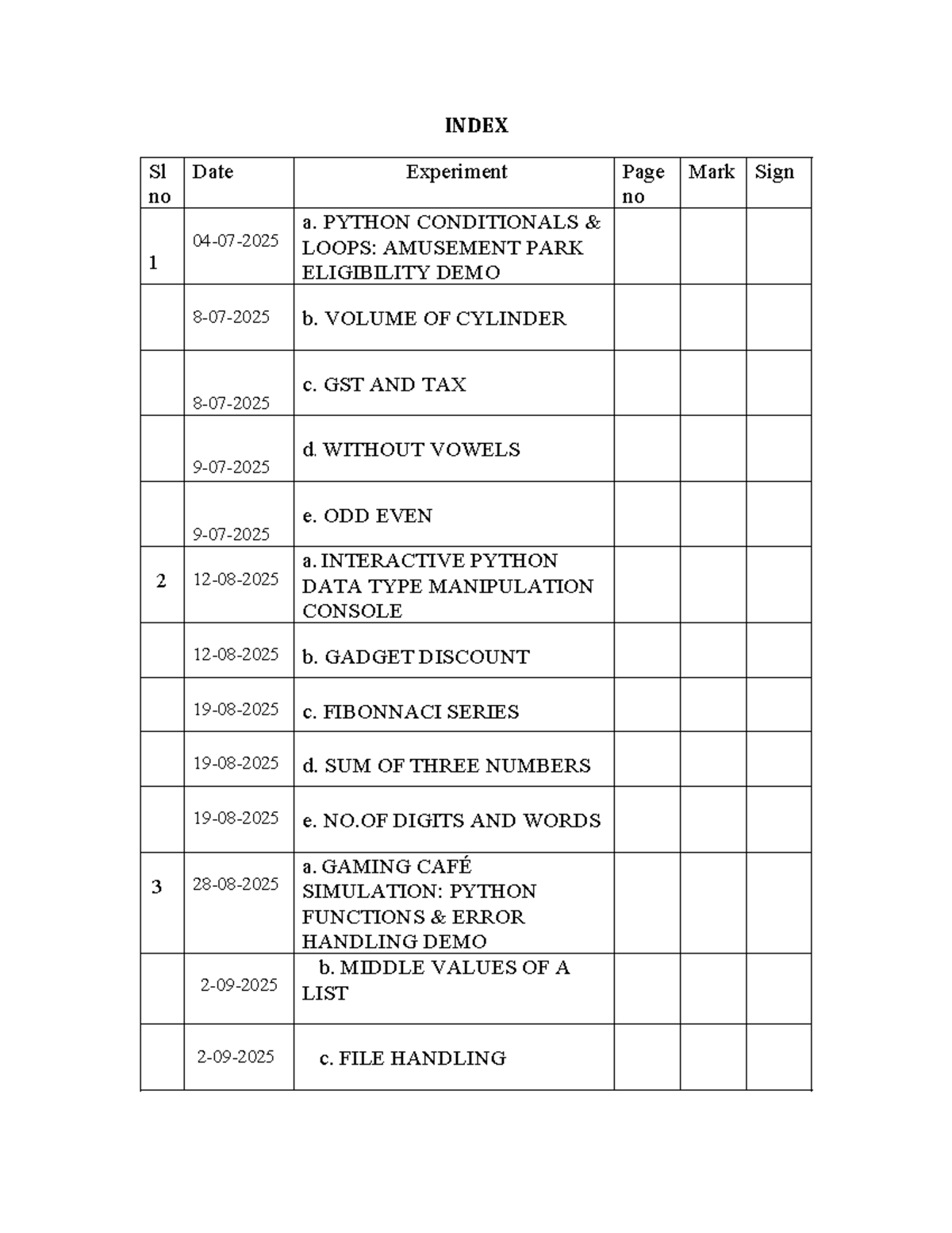 Index of Experiments for Class 1: Python & Socket Programming - Studocu