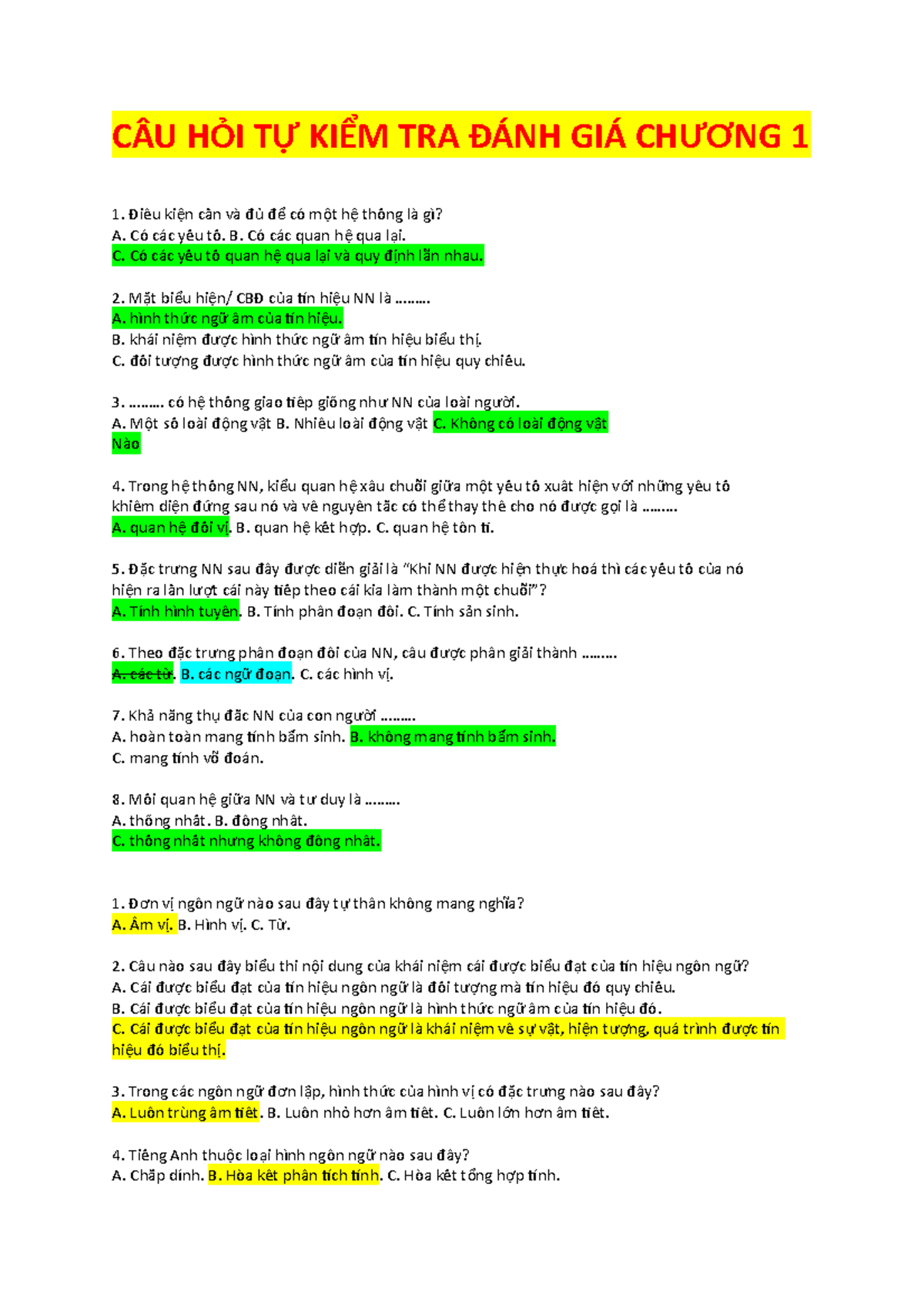 đề cương dlnn - dẫn luận ngôn ngữ - CÂU H ỎI T Ự KI M TRA ĐÁNH GIÁ CHỂ ƯƠNG 1 Điềều ki n cầền và ...
