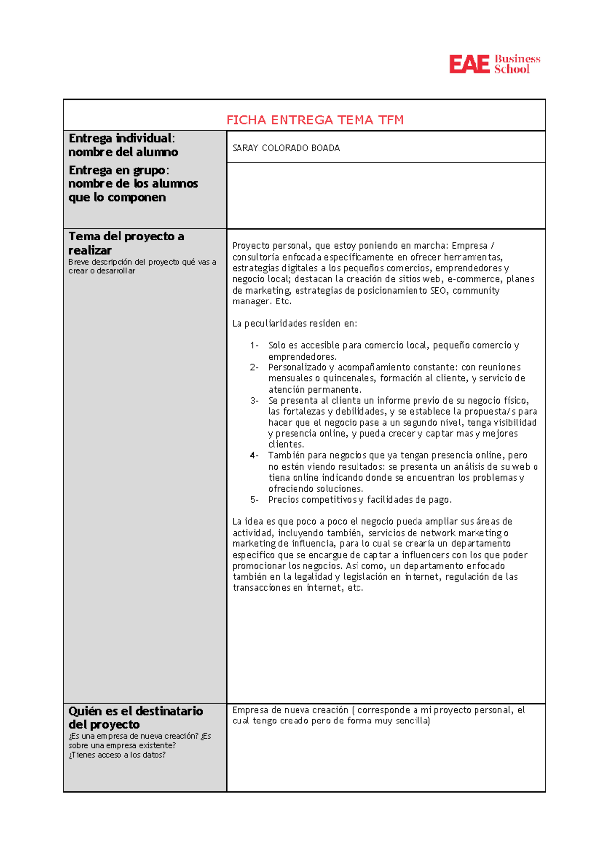 Ficha PARA Entregar TEMA - FICHA ENTREGA TEMA TFM Entrega individual: nombre del alumno SARAY ...