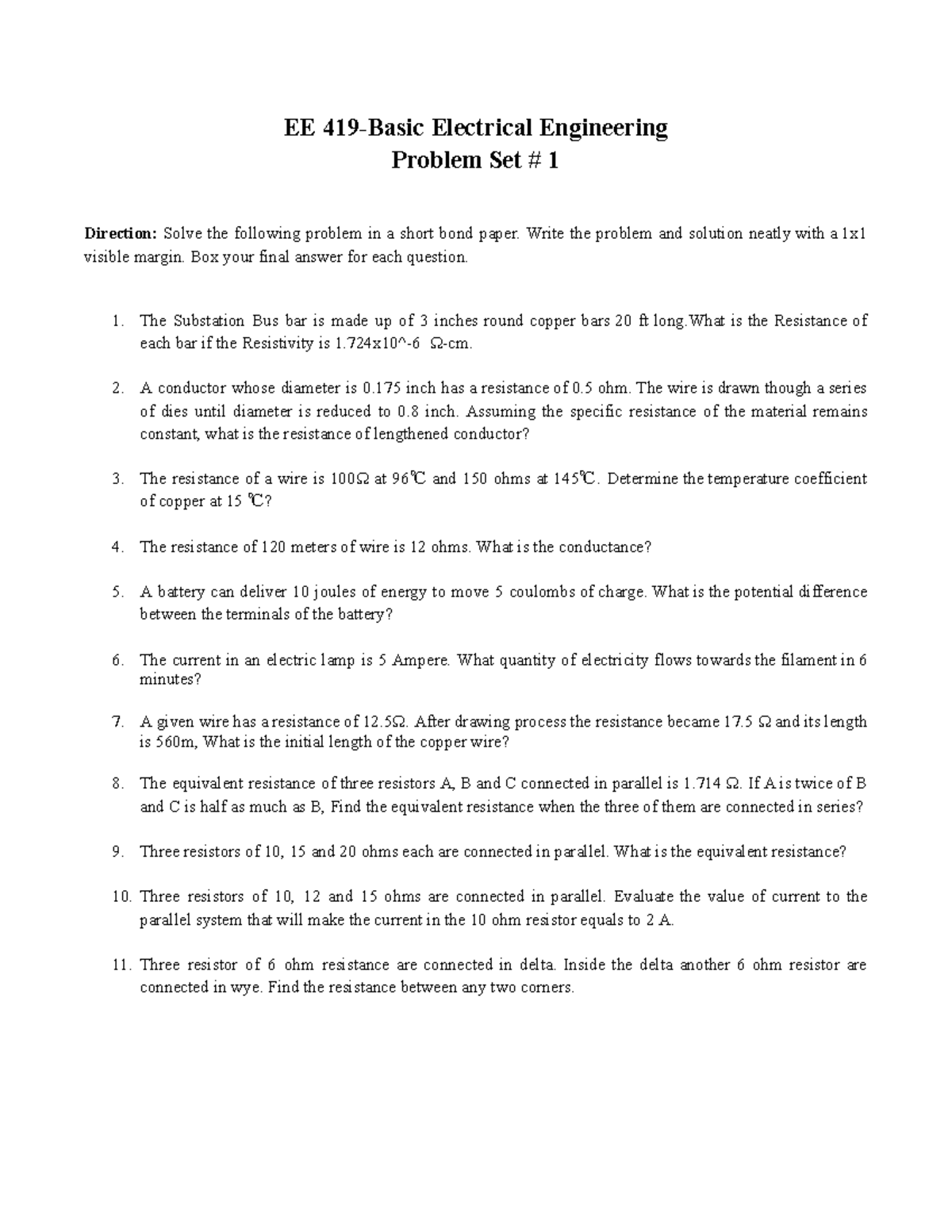 EE Problem Set 1: Resistance Calculations and Circuit Analysis - Studocu