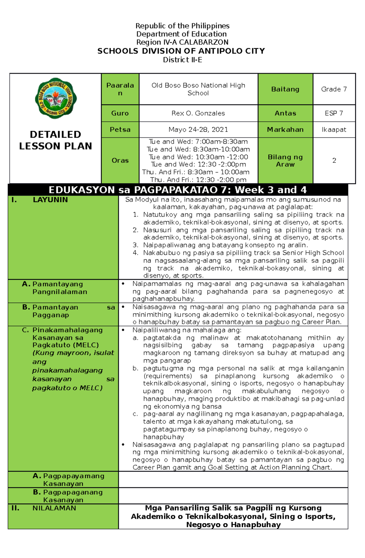 DLP COT 3 - Lesson Plan for Edukasyon sa Pagpapakataon 7 (Weeks 3-4) - Studocu