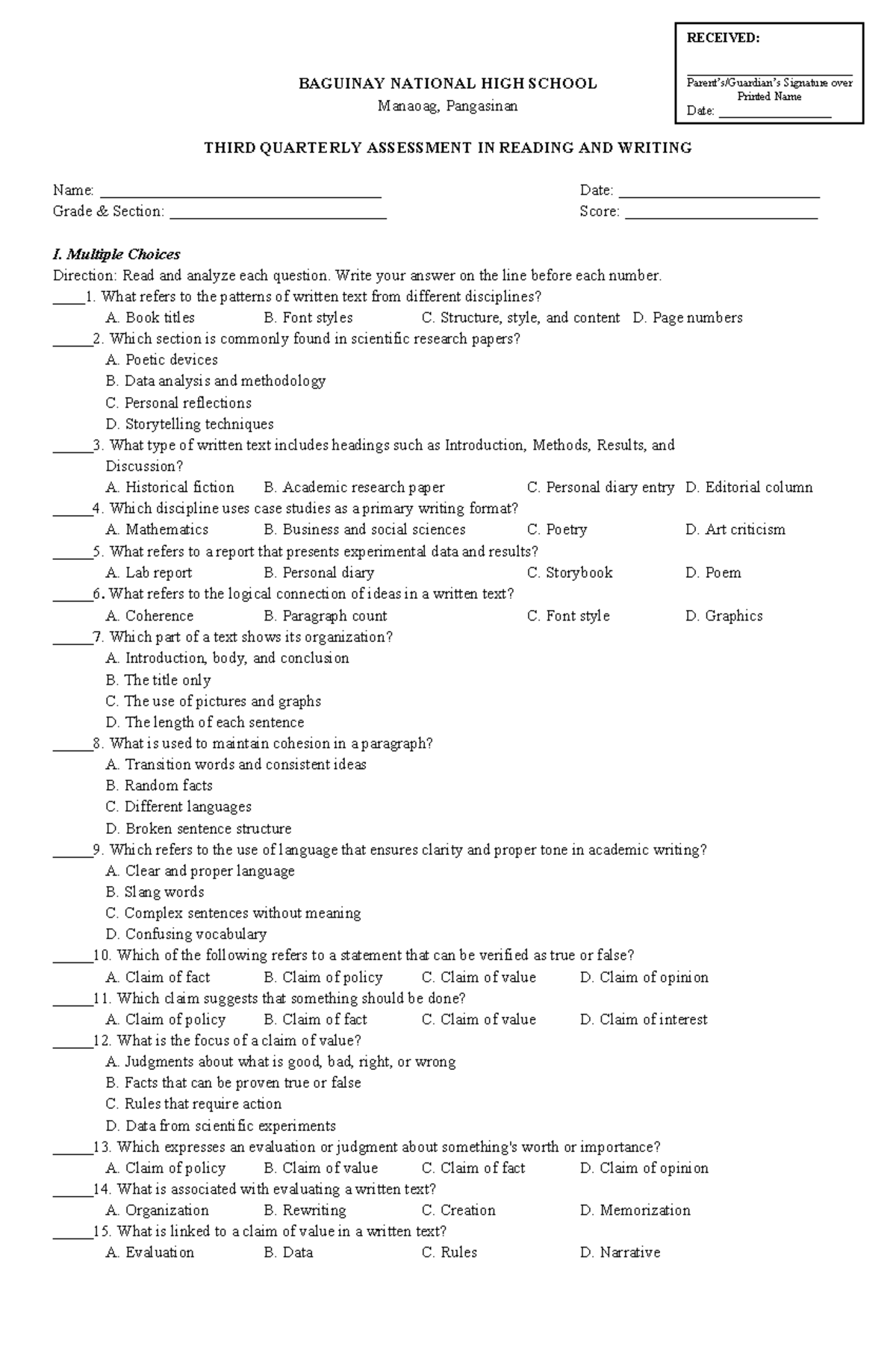THIRD QUARTERLY ASSESSMENT IN READING AND WRITING (Grade Level) - Studocu