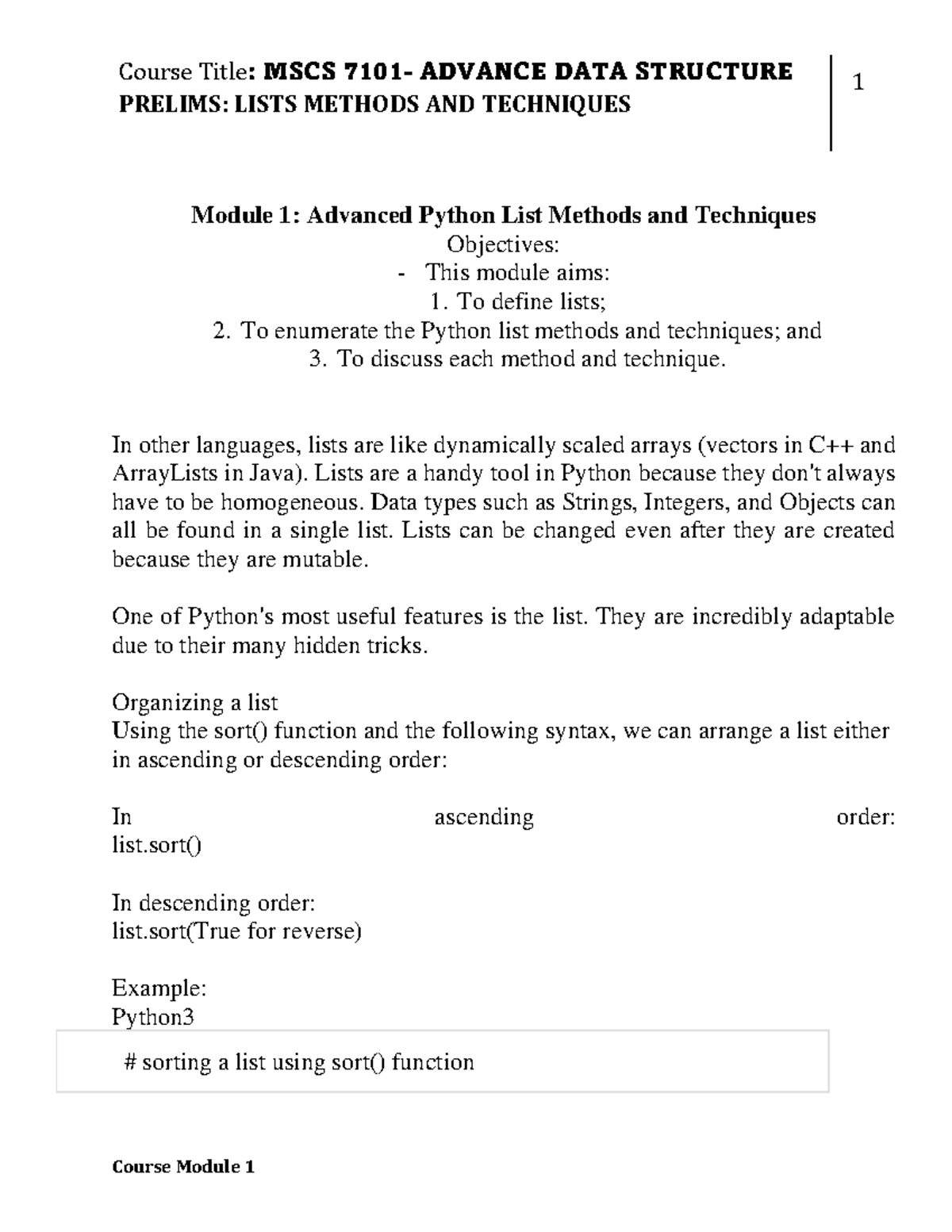 P1 - N/A - PRELIMS: LISTS METHODS AND TECHNIQUES 1 Module 1: Advanced Python List Methods and ...