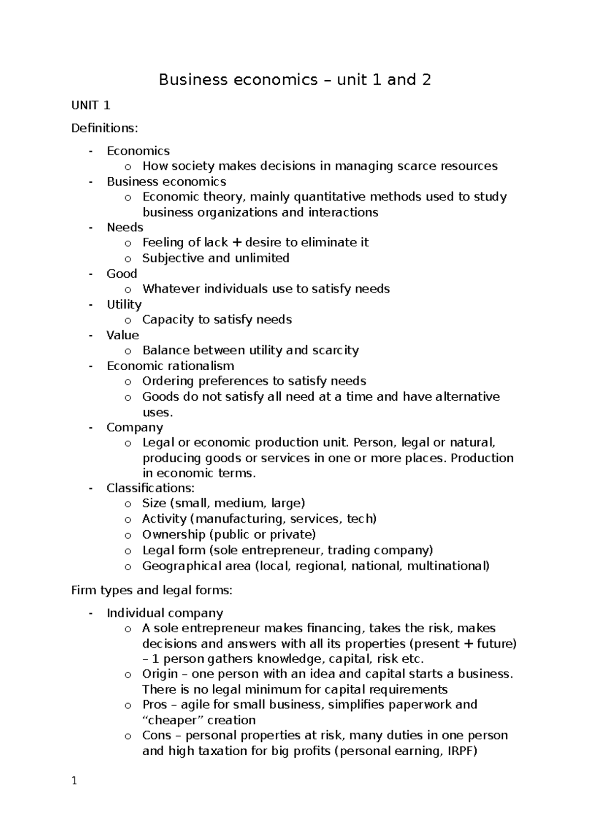 Business Economics: Unit 1 & 2 Overview and Key Concepts - Studocu