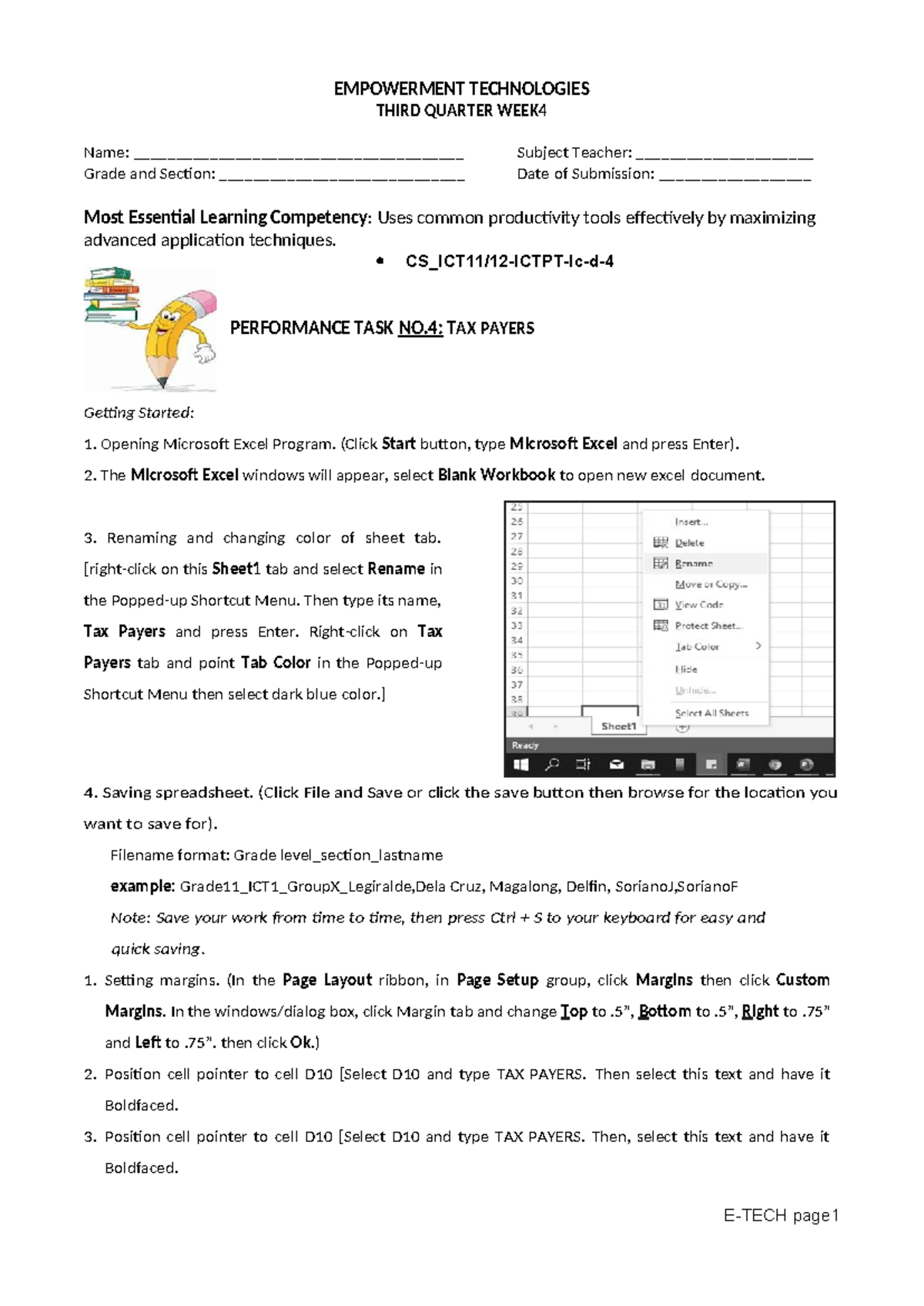 EMPOWERMENT TECHNOLOGIES Q3 WEEK 4: EXCEL PERFORMANCE TASK - Studocu