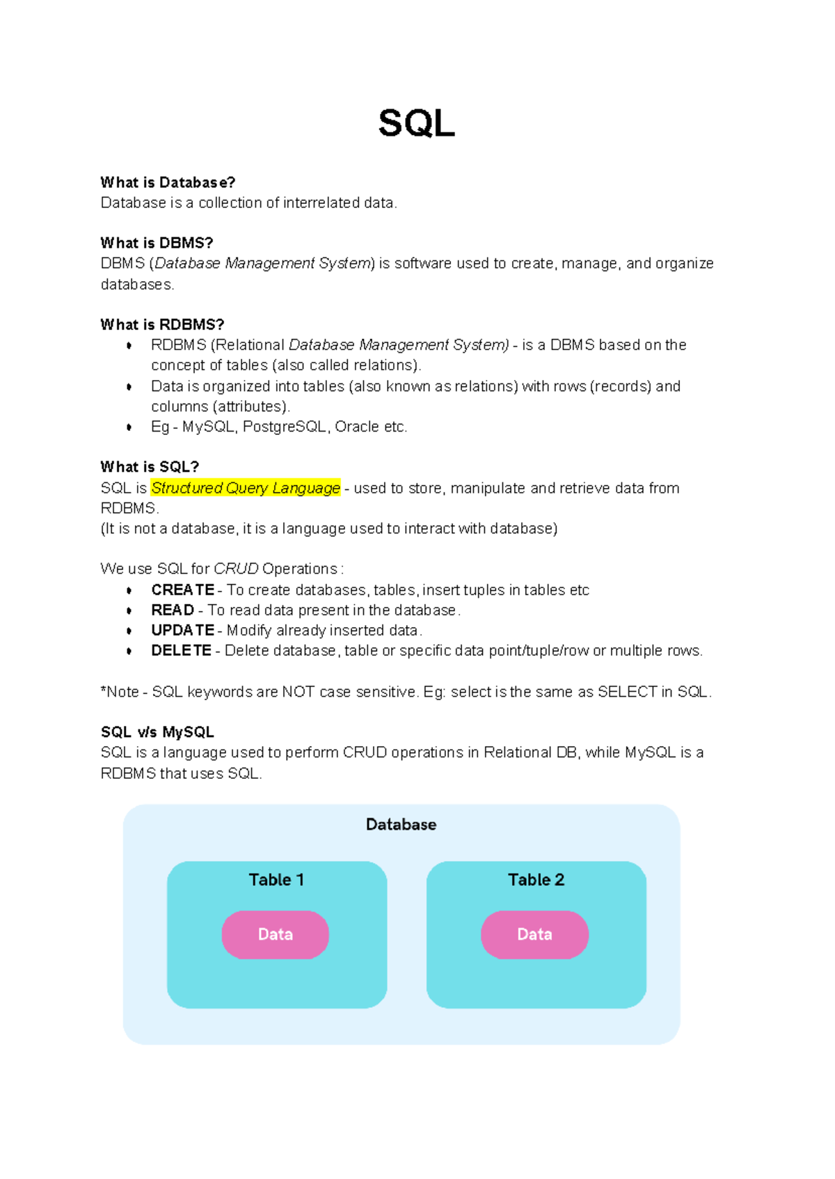 SQL Notes: Understanding Databases, DBMS, and SQL Commands - Studocu