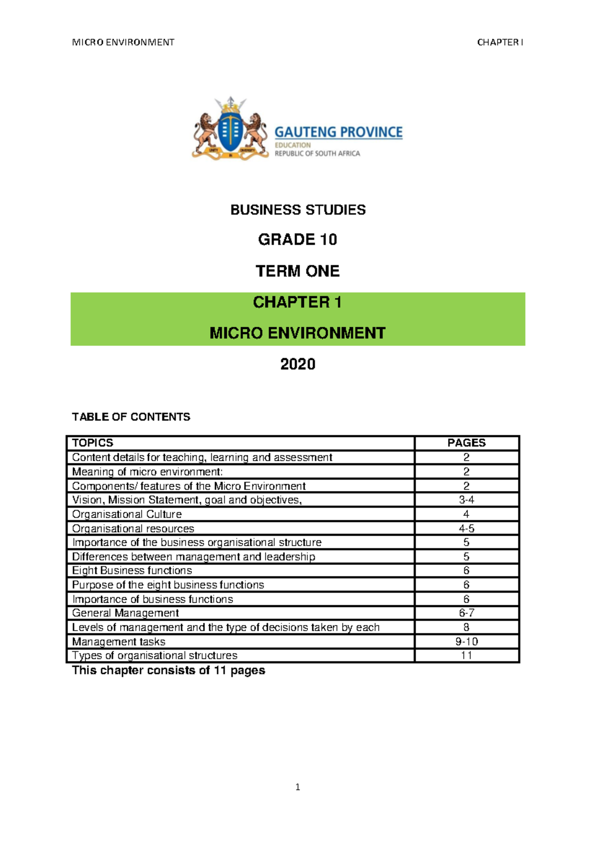 CHAP 1-1 - business notes for grade 10 based on the organisational ...