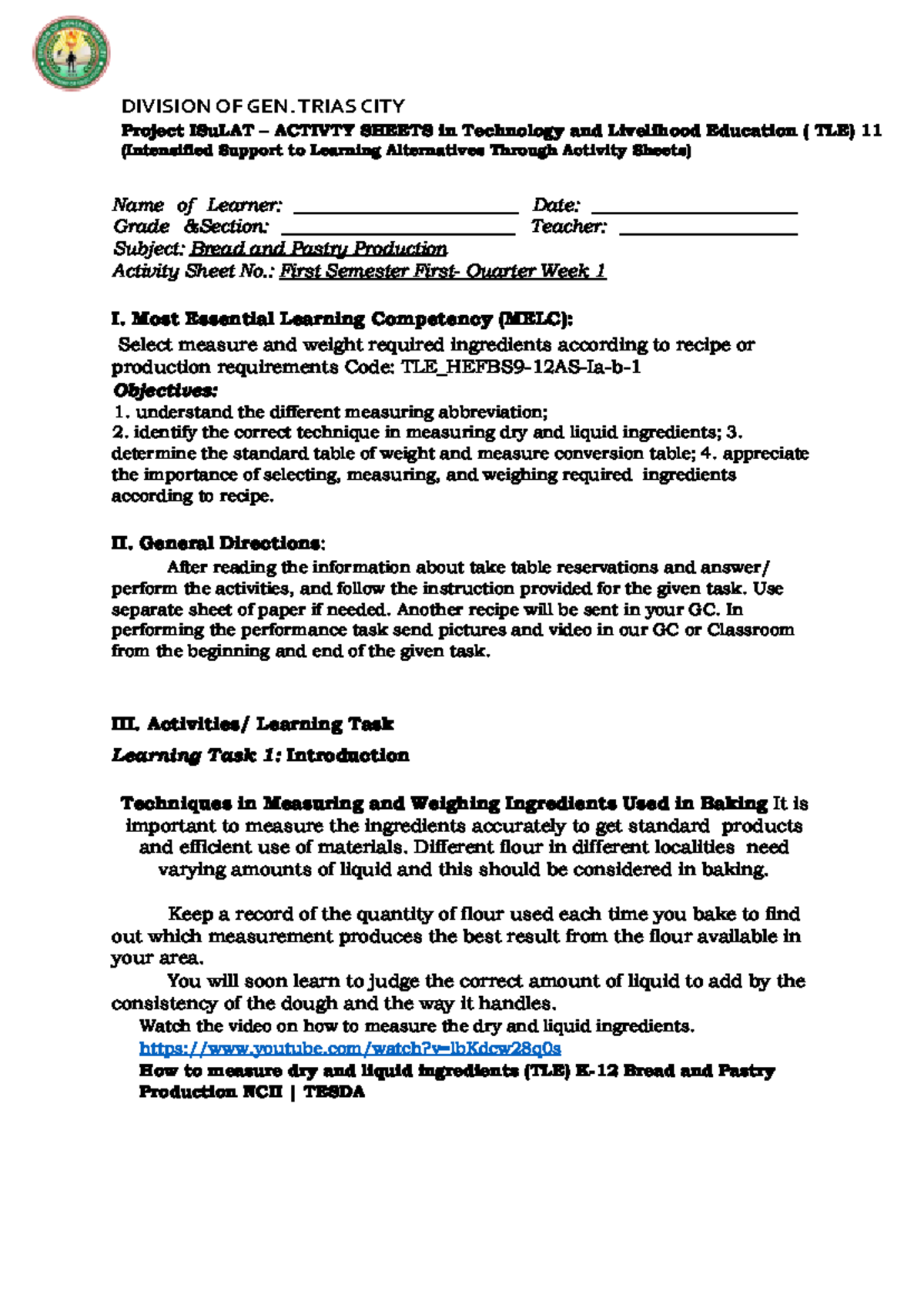 TLE 11 Week 1 Activity Sheet: Measuring Ingredients in Baking - Studocu