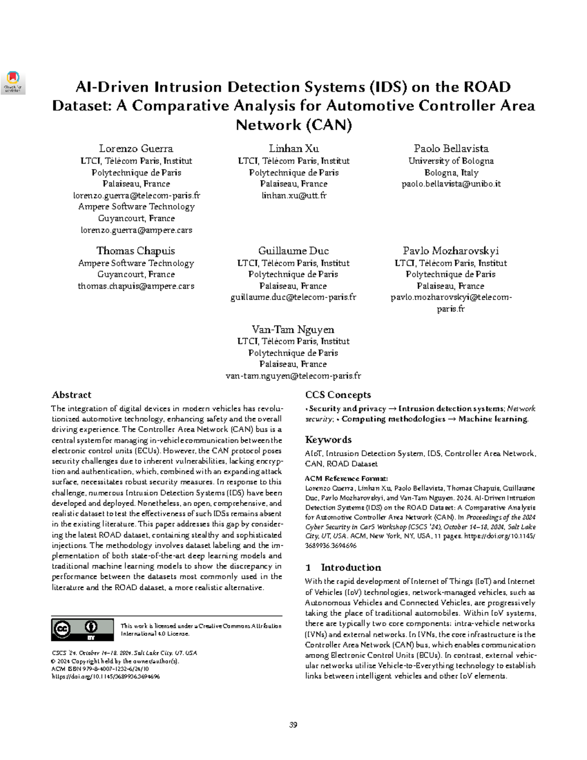 Comparative Analysis of IDS on ROAD Dataset for Automotive CAN (CSCS ...