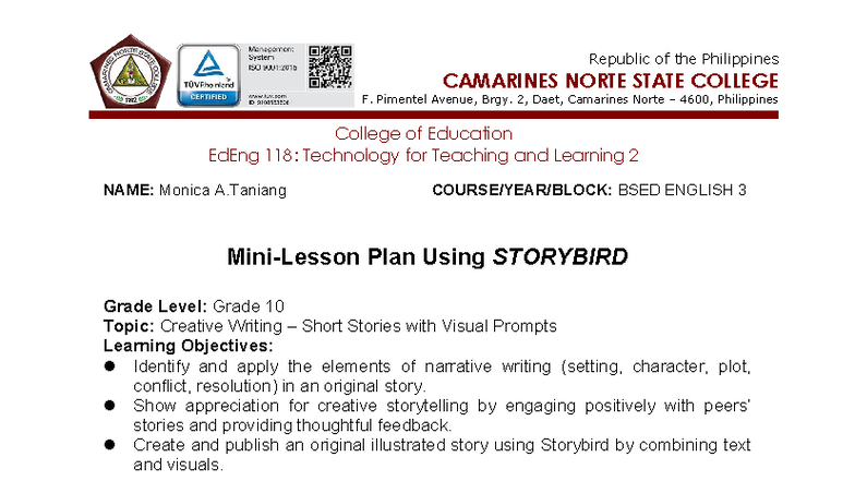EDENG 118 Mini Lesson Plan: Creative Writing with Storybird - Studocu