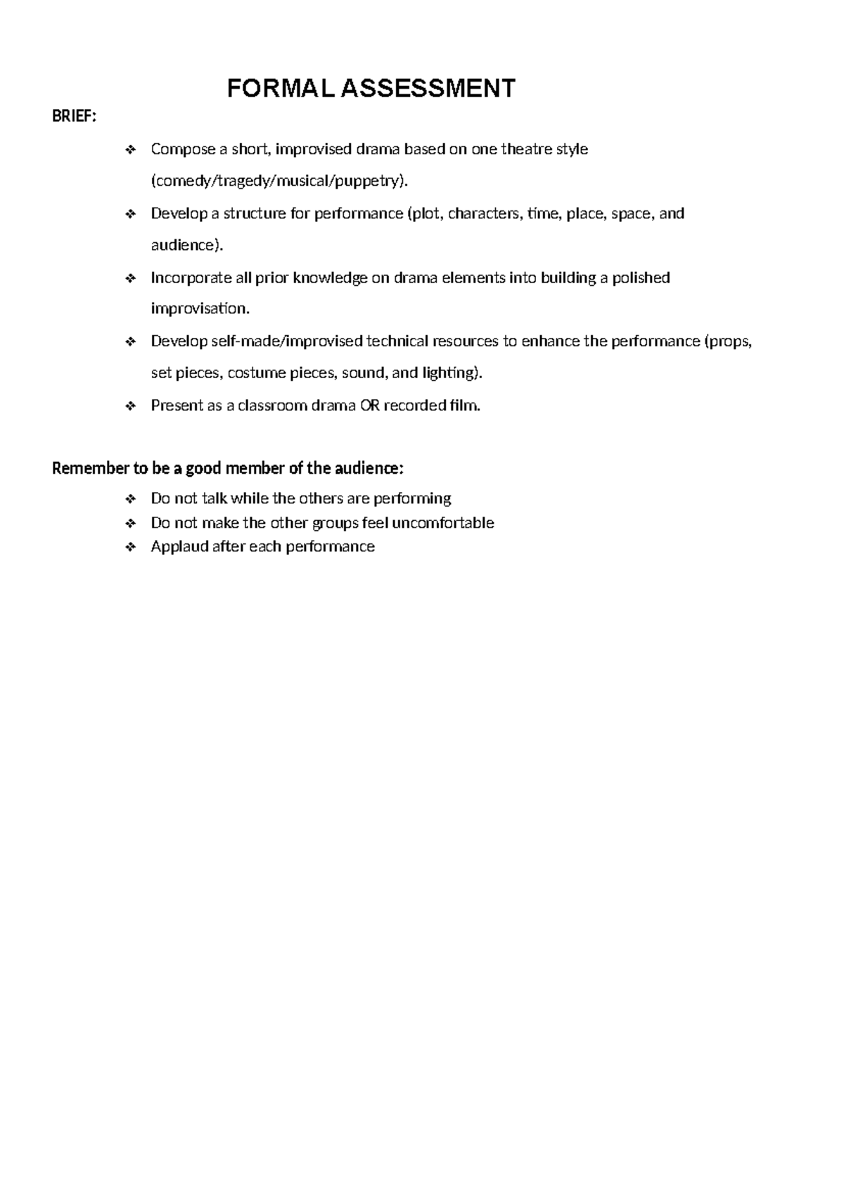 Gr 8 FAT 3: Improvised Drama Performance Assessment Guide - Studocu