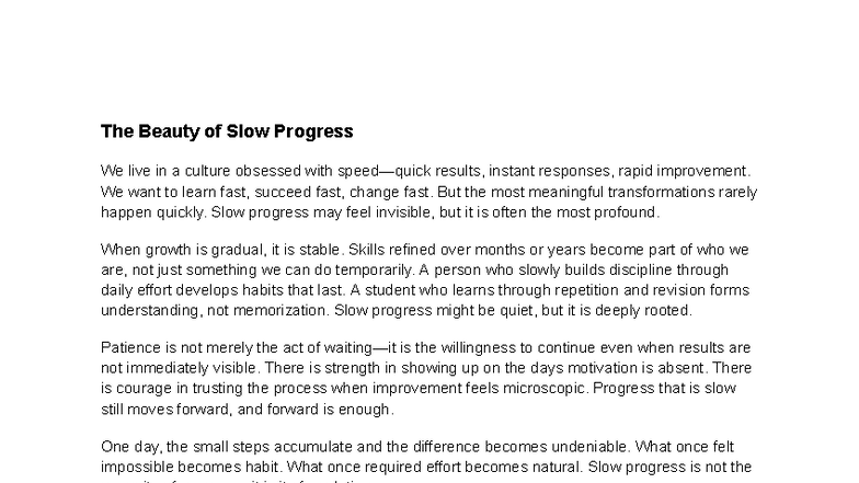 The Value of Slow Progress: Embracing Gradual Growth - Studocu