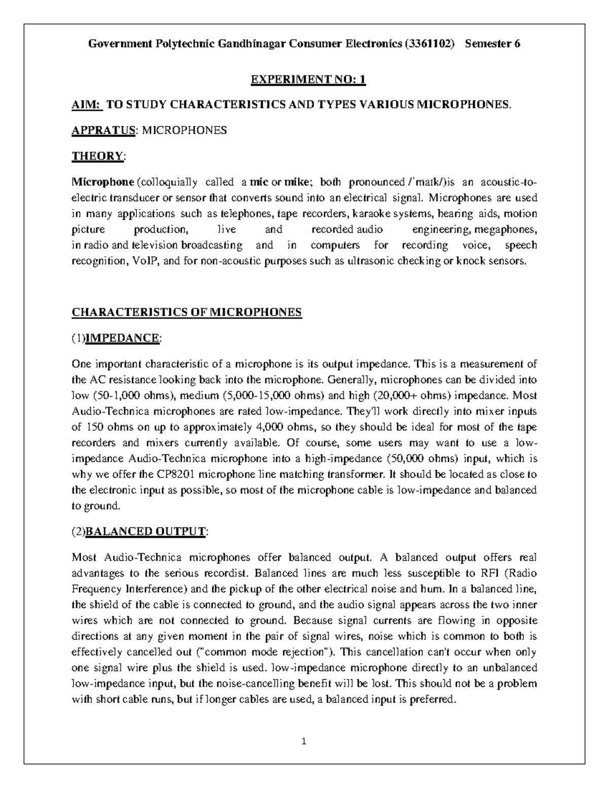 Consumer Electronics lab Manual Exp 1 - EXPERIMENT NO: 1 AIM: TO STUDY ...