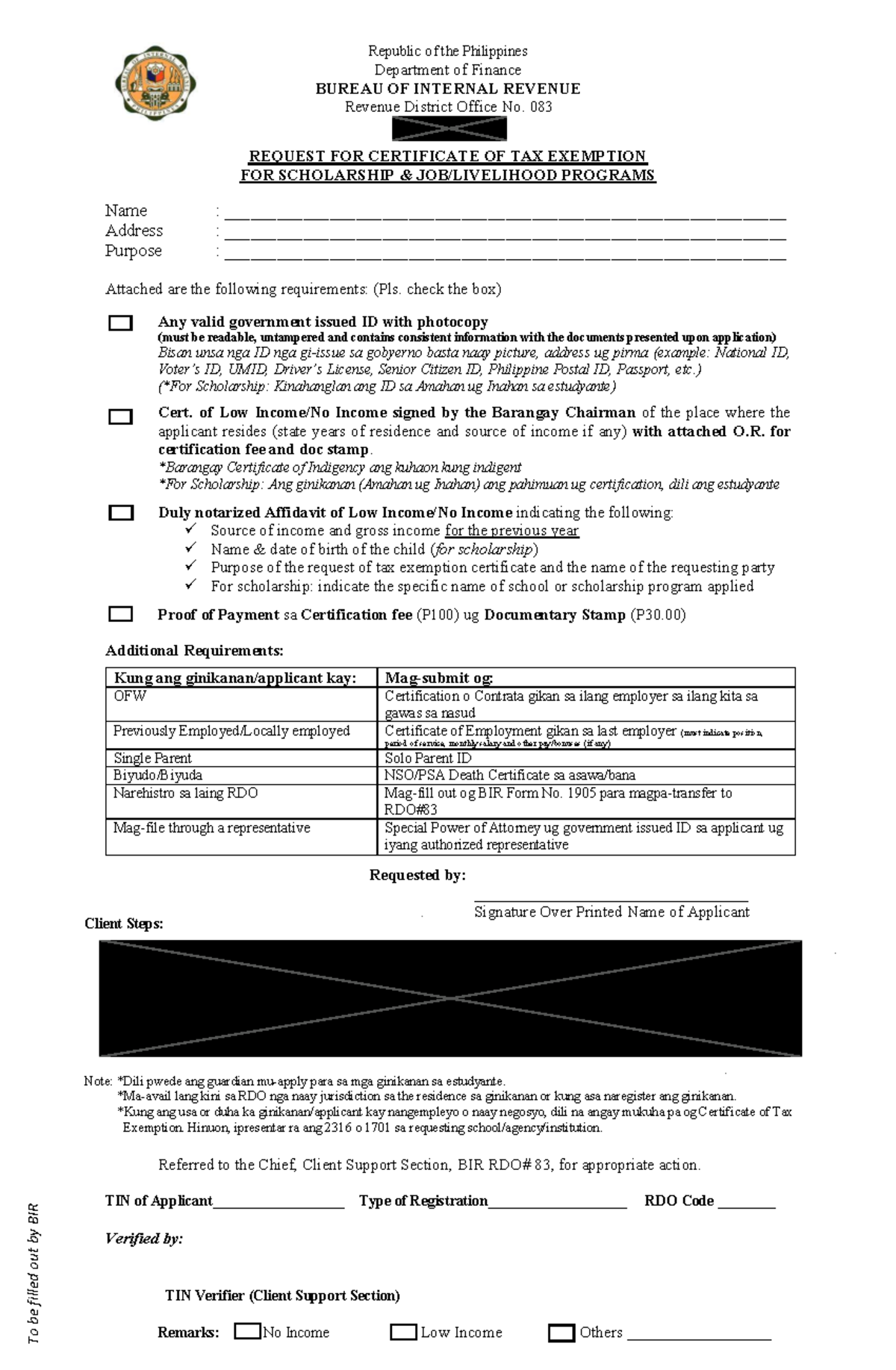 BIR 083 Request for Tax Exemption Certificate for Scholarships - Studocu
