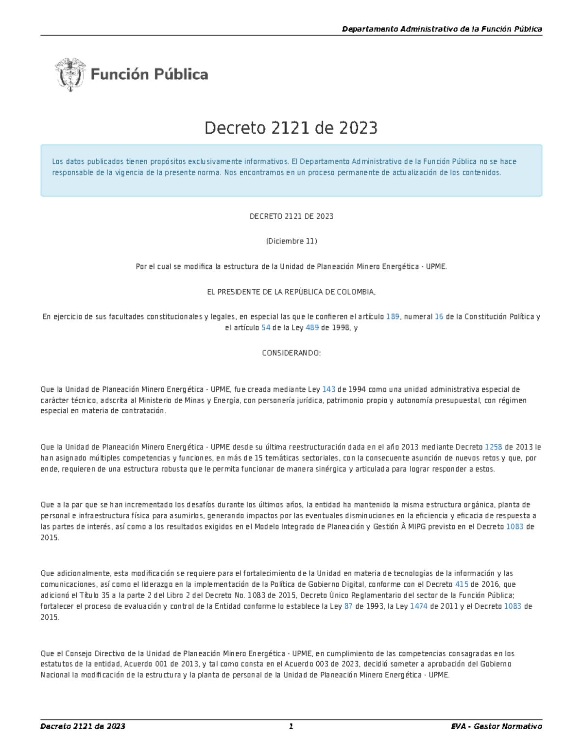 Decreto 2121 de 2023: Modificación de la Estructura UPME - Studocu