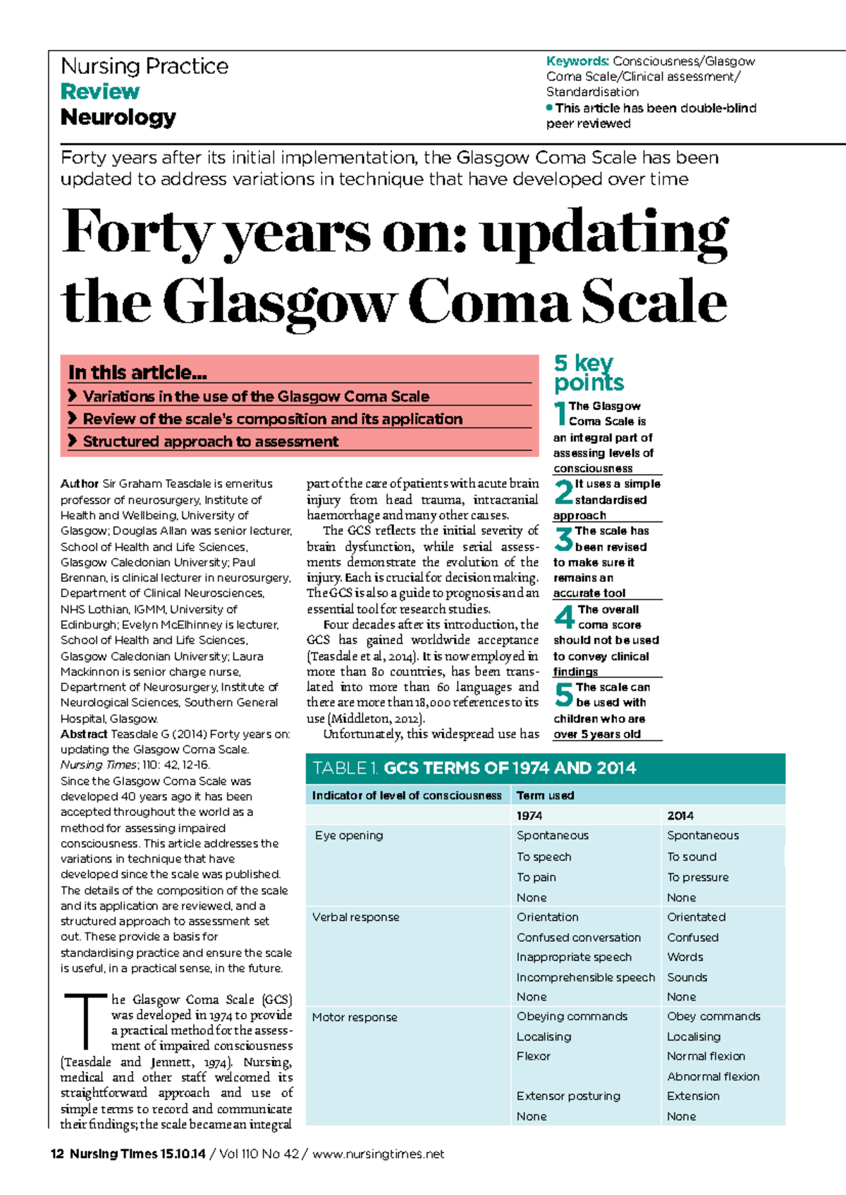 Updating the Glasgow Coma Scale: 40 Years of Evolution and Practice ...