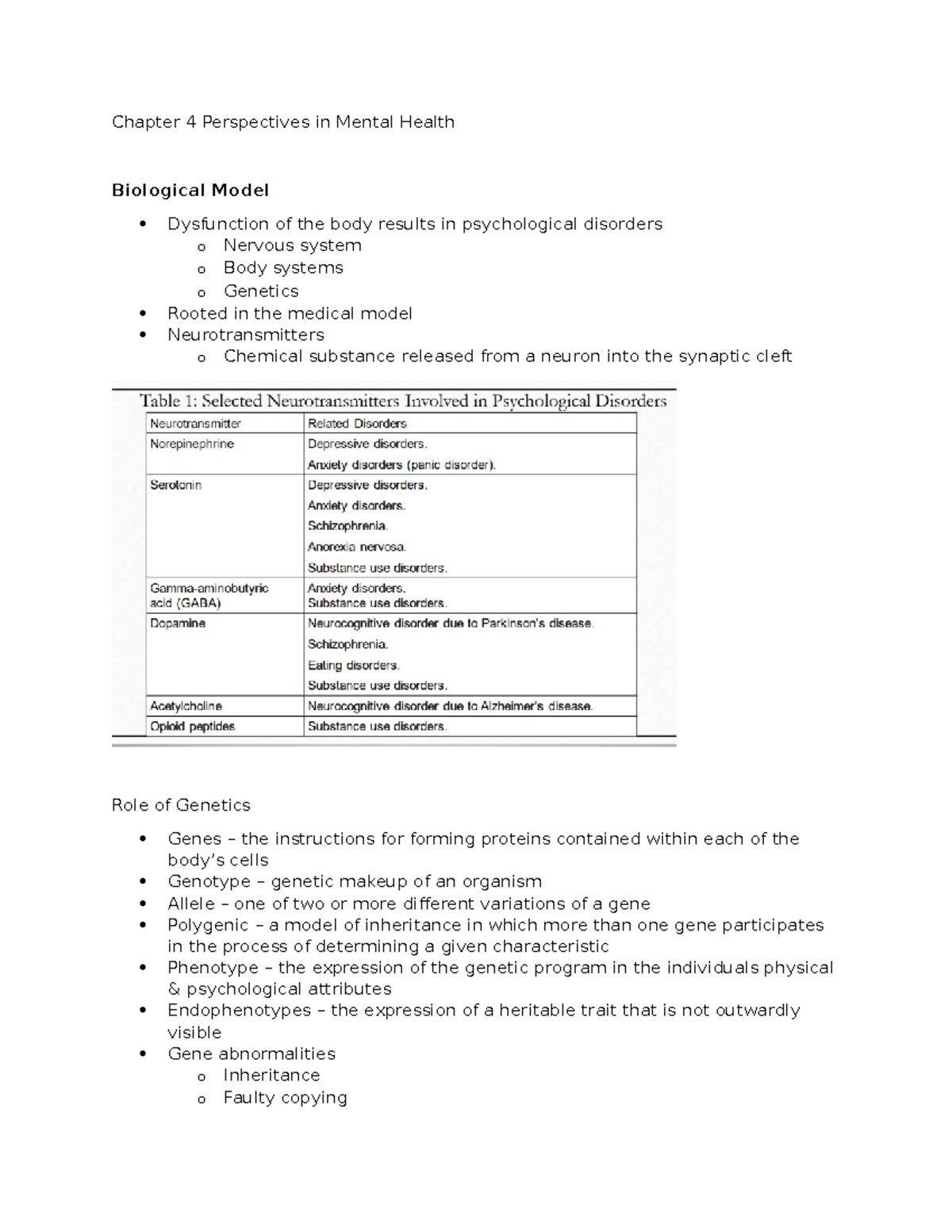 Chapter 4 Perspectives notes - Chapter 4 Perspectives in Mental Health ...