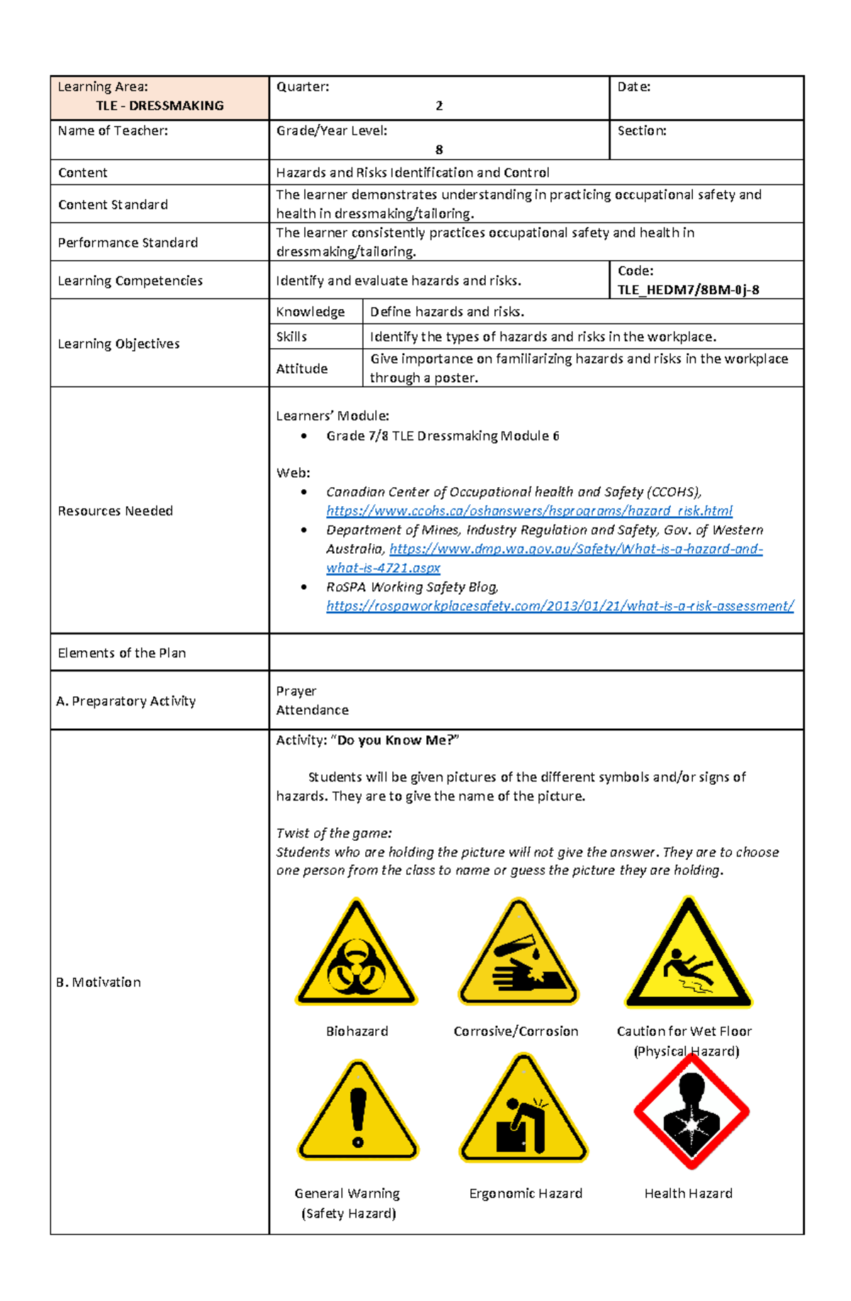 Hazards and Risks in Dressmaking - TLE Grade 8 Lesson Plan - Studocu