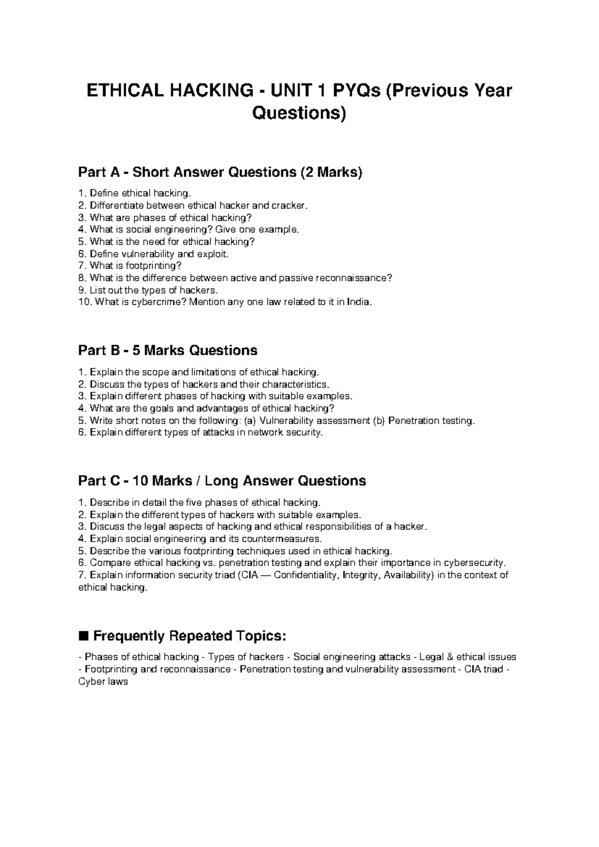 ETHICAL HACKING UNIT 1 PYQs: Short & Long Answer Questions - Studocu