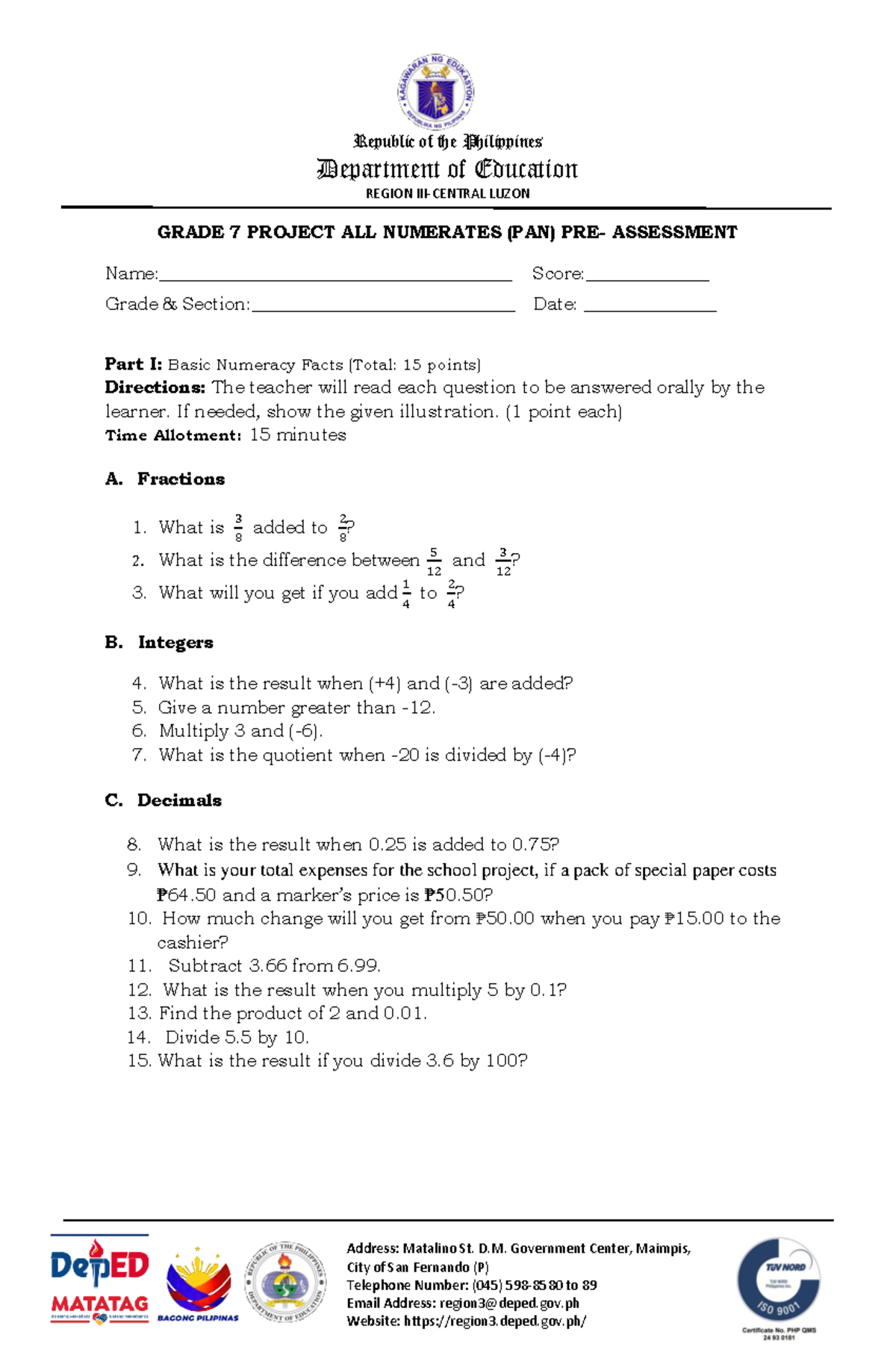 Grade 7 PAN Pre-Assessment: Numeracy and Literacy Skills Review - Studocu